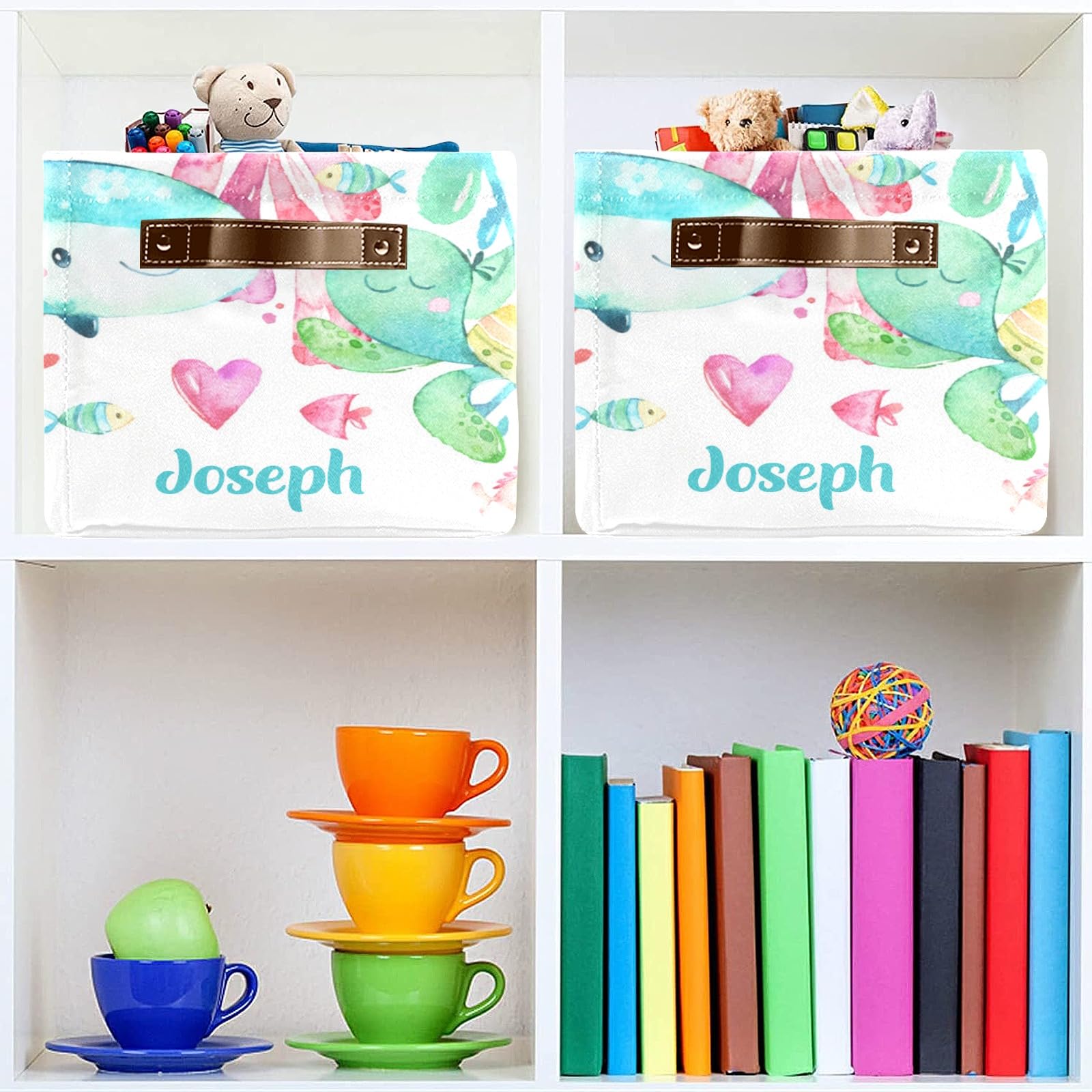 Under the Sea Ocean Personalized Storage Bins Baby Shelf Basket Custom Organizer with Handle for Bedroom Nursery Toy 2 Packs