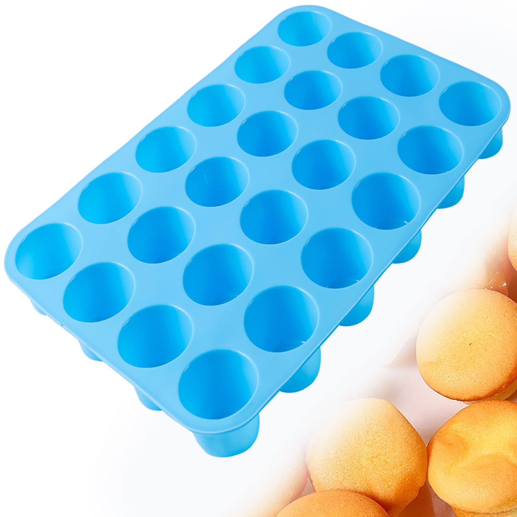 Silicone Muffin Pan, Set of 2 Non-Stick Cupcake Pans 12-Cup & Mini Muffin Pan 24-Cup, with Bonus Silicone Brush and Spatula(Blue)