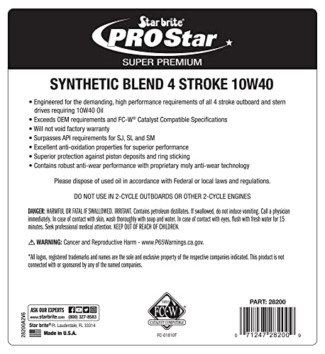 STAR BRITE Super Premium Synthetic Blend 4 Stroke Oil 10W 40 - High-Performance Marine Engine Oil for Outboards, Inboards, and Stern Drives - 1 Gallon (028200)