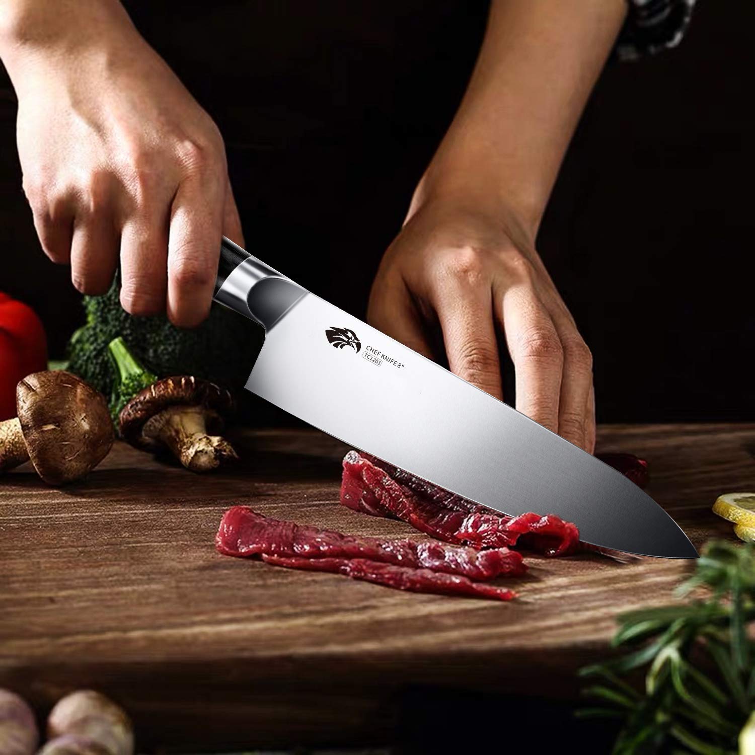 TUO Chef Knife -Professional Kitchen Chefs Knife Cooking Knife Gyuto Knives 8 Inch,Razor Sharp German HC Steel Japanese Chef Knife with Ergonomic Pakkawood Handle - BLACK HAWK SERIES in Gift Box