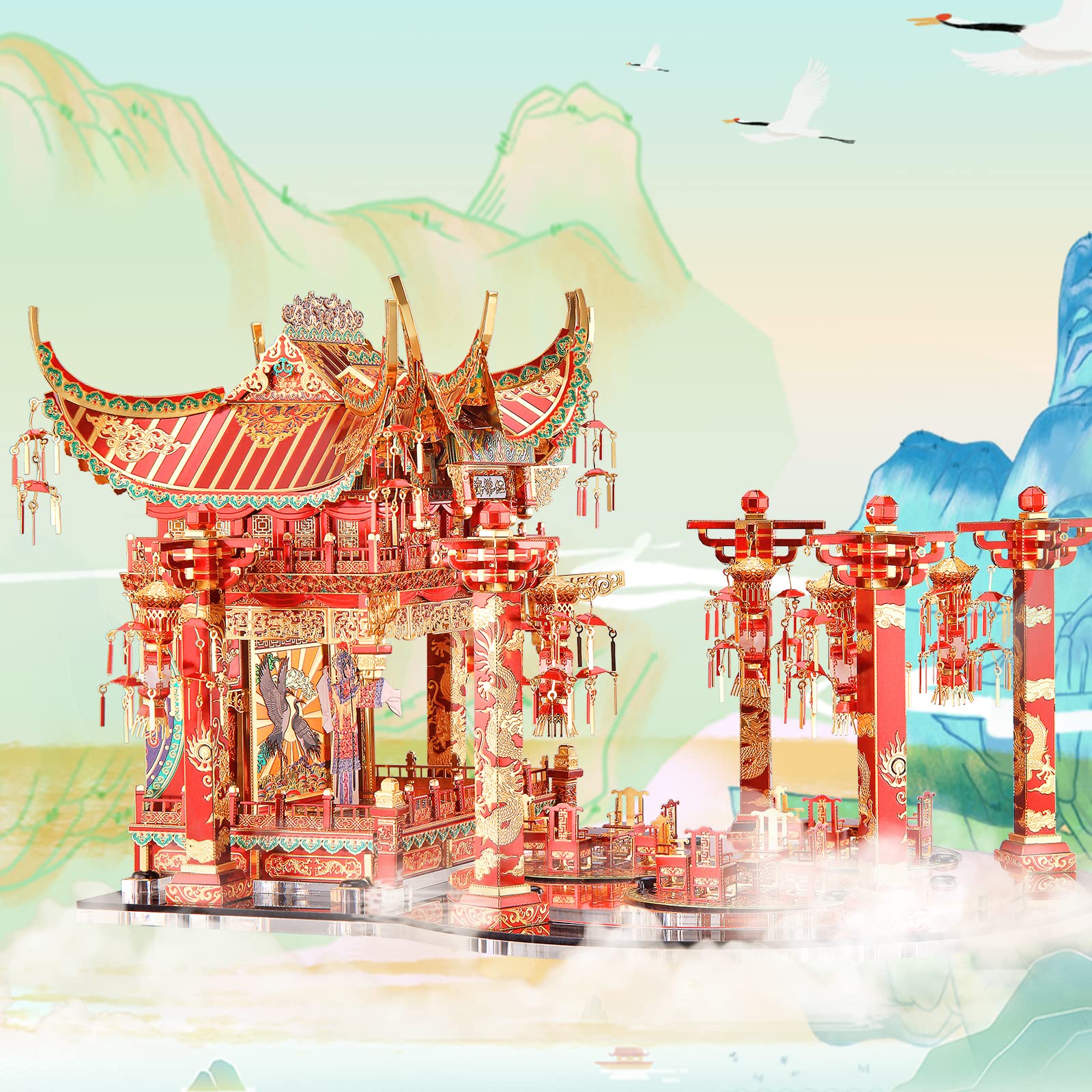 Piececool 3D Puzzles for Adults, Begonia Red Theater Chinese Traditional Building Model Kits, Challenge Difficult Brain Teaser 3D Metal Puzzle STEM Learning Toys Gift DIY Craft Home Decor - 663 Pcs