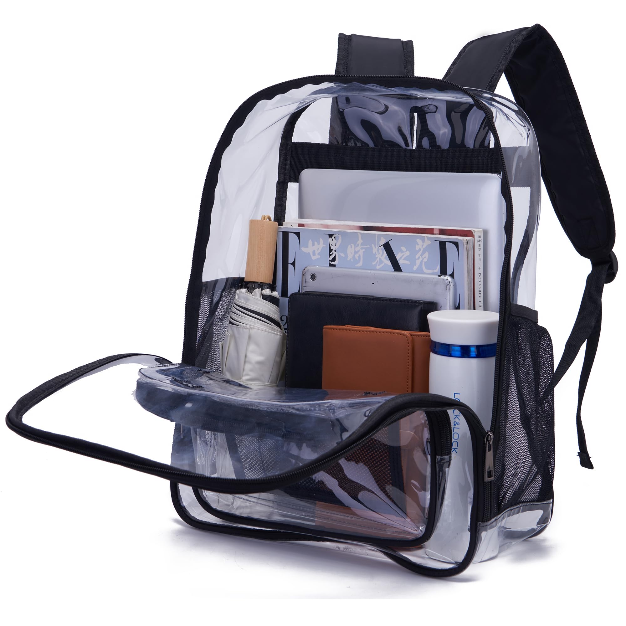 YZAOLL Clear Backpack Heavy Duty Large Transparent Backpacks Soft TPU Daypack Backpacks Book Bag Stadium Approved Black