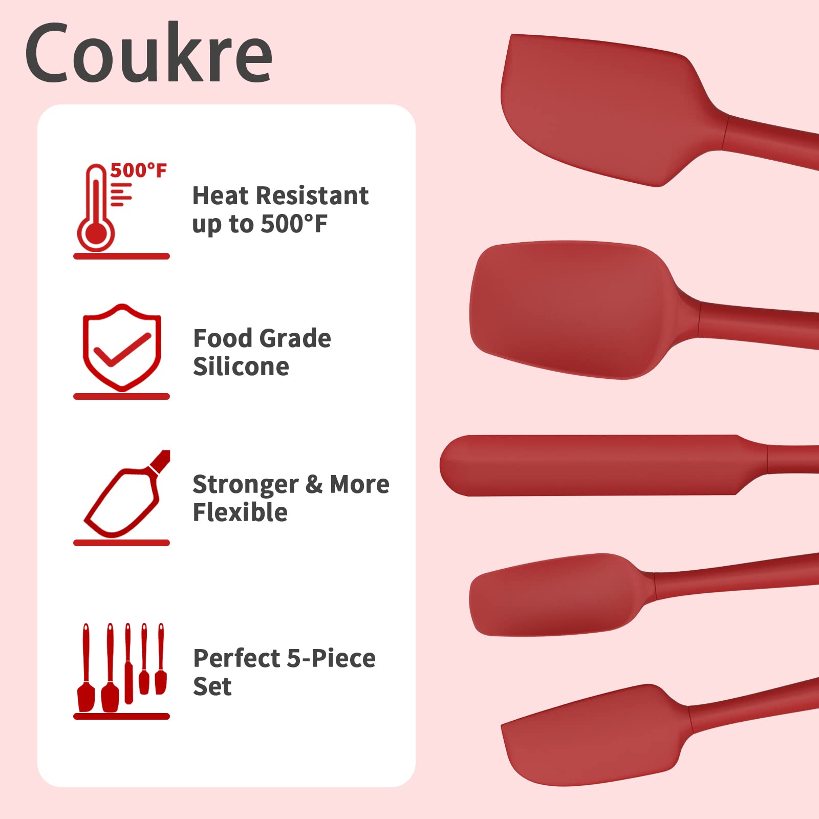 Silicone Spatula Set of 5,High Temperature Resistant, Food Grade Silicone, Dishwasher Safe, for Baking, Cooking (Pure Red)