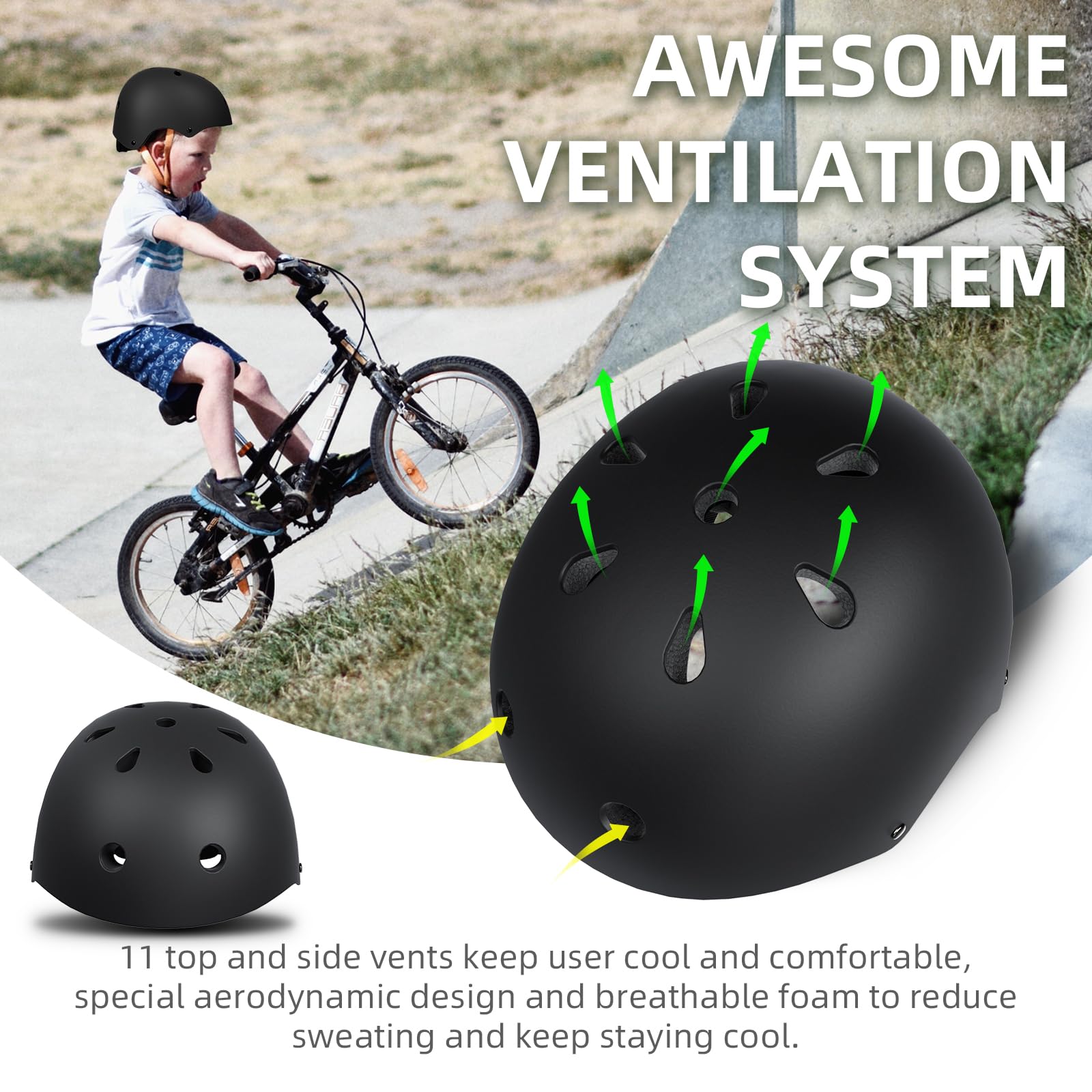 Skateboard Bike Helmet Kids Bike Helmet for Ages 8-14 Adjustable Lightweight Multi-Sport Helmets for Bicycle Skate Scooter (Black-Medium)