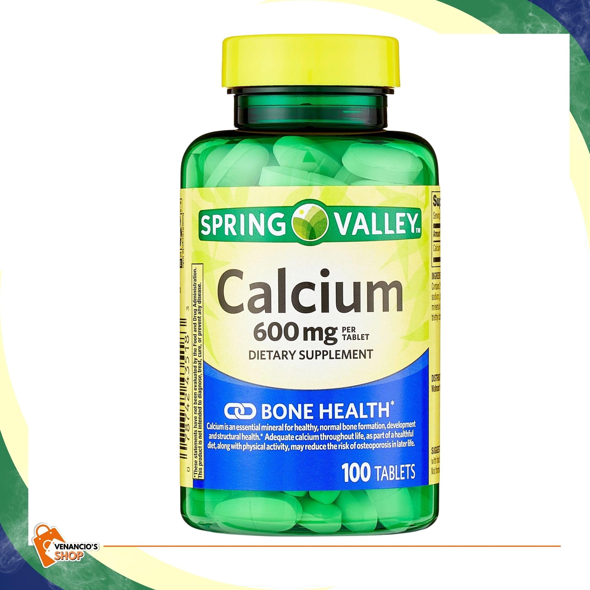 Spring Valley Calcium 600 mg 100 Tablets, Dietary Supplement, Bone Health Calcium + Includes Venancio’sFridge Sticker (Pack of 1)
