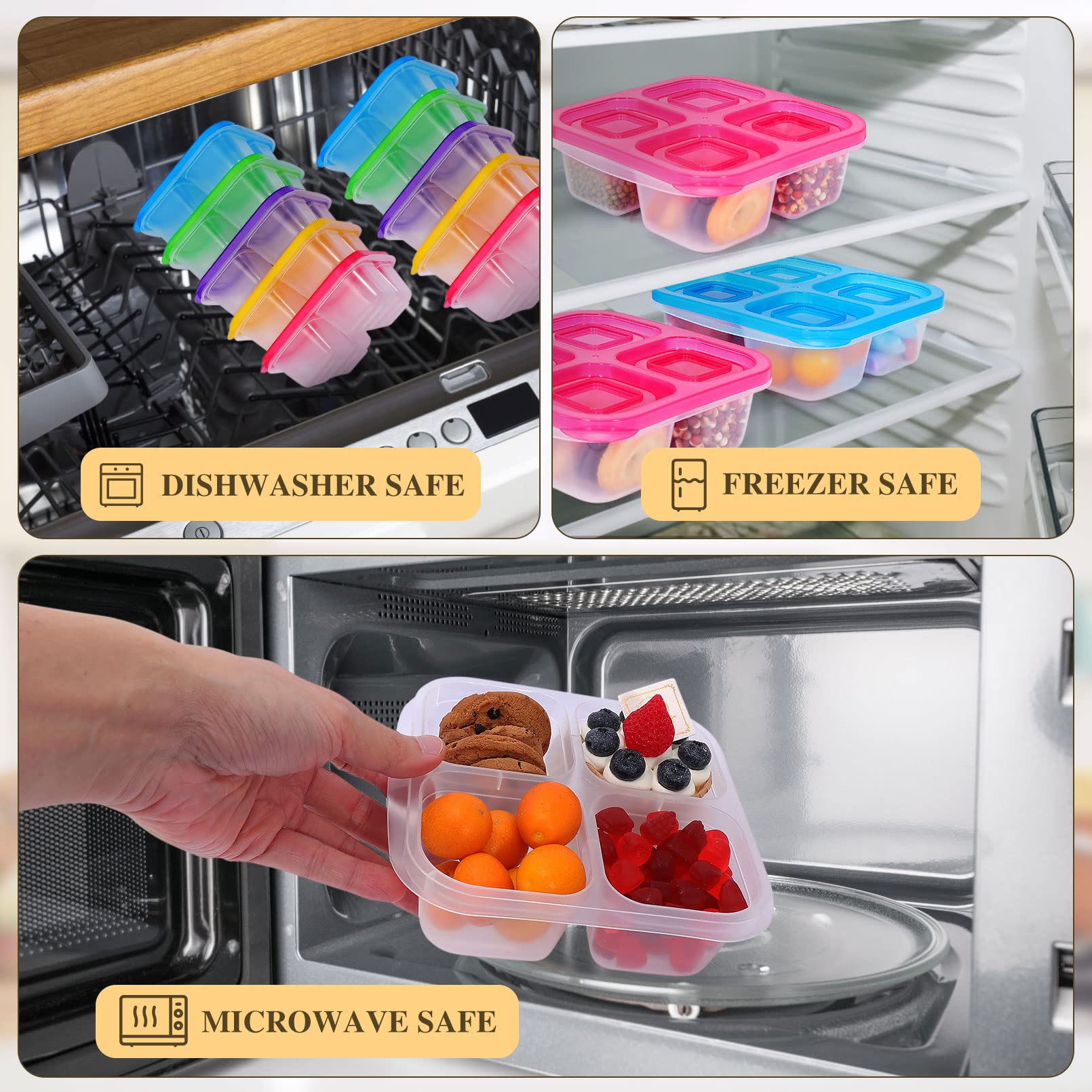 Zebbtne 5Pack Bento Snack Boxes,4 Compartment Snack Containers,Reusable Divided Meal Prep Container for Adults,Bento Snack Food Containers with Lids for Work Travel Picnic,5 Classic Colors
