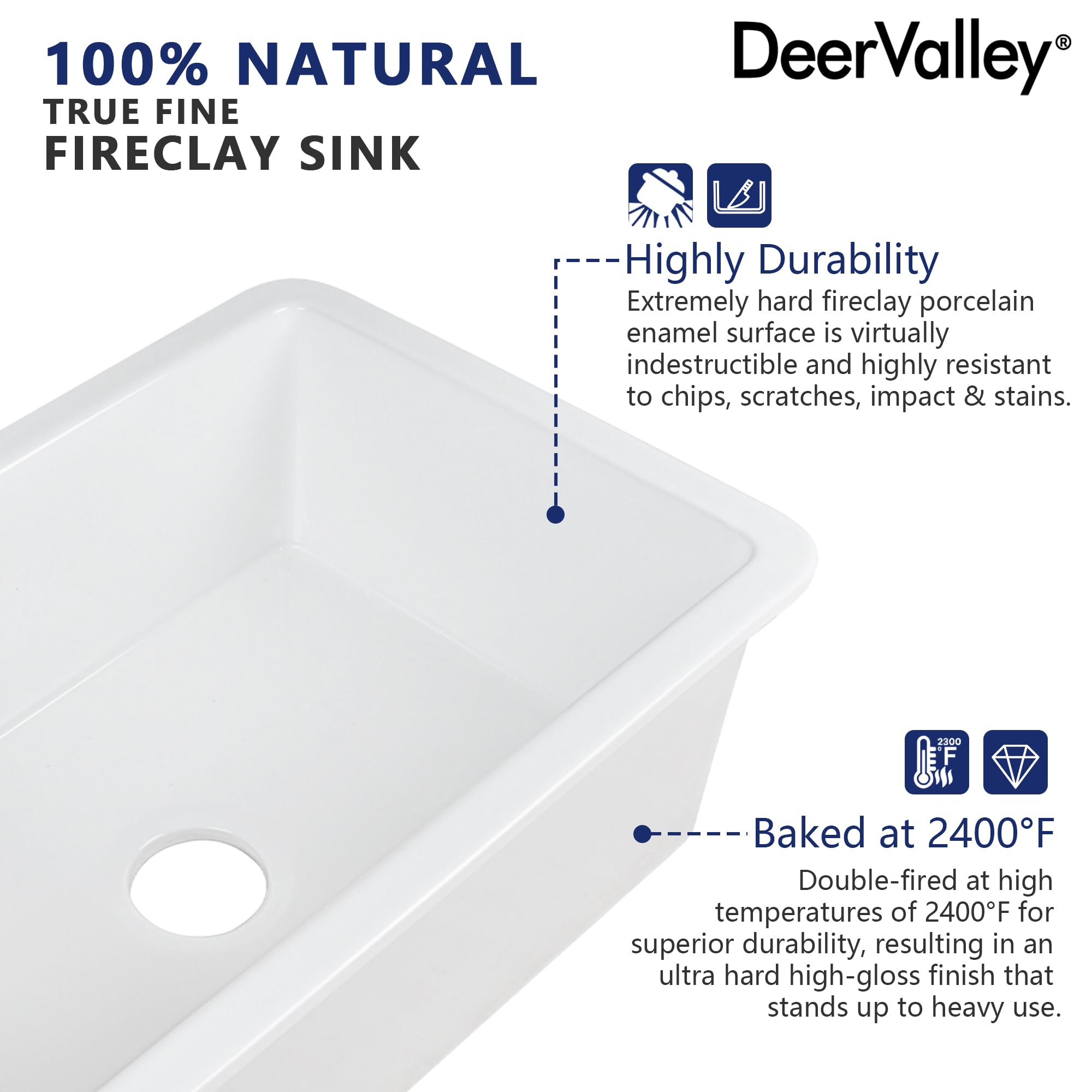 Undermount Kitchen Sink, DeerValley DV-1K513 Glen 30" L x 20" W White Single Bowl Kitchen Sink Fireclay Undermount Sink with Sink Grid and Basket Strainer