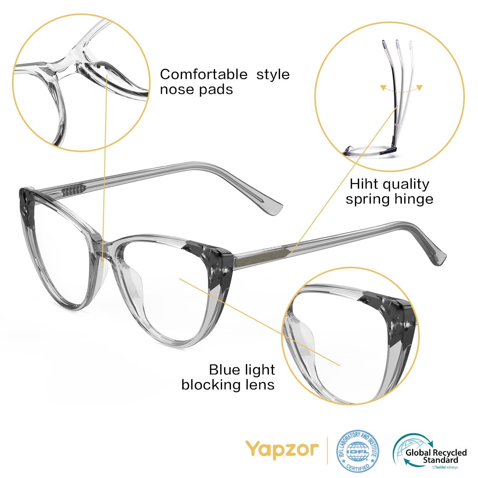 YAPZOR Blue Light Blocking Glasses for Women Men Clear Cateye Computer Gaming Glasses Anti Eye Strain Headache Eyeglasses