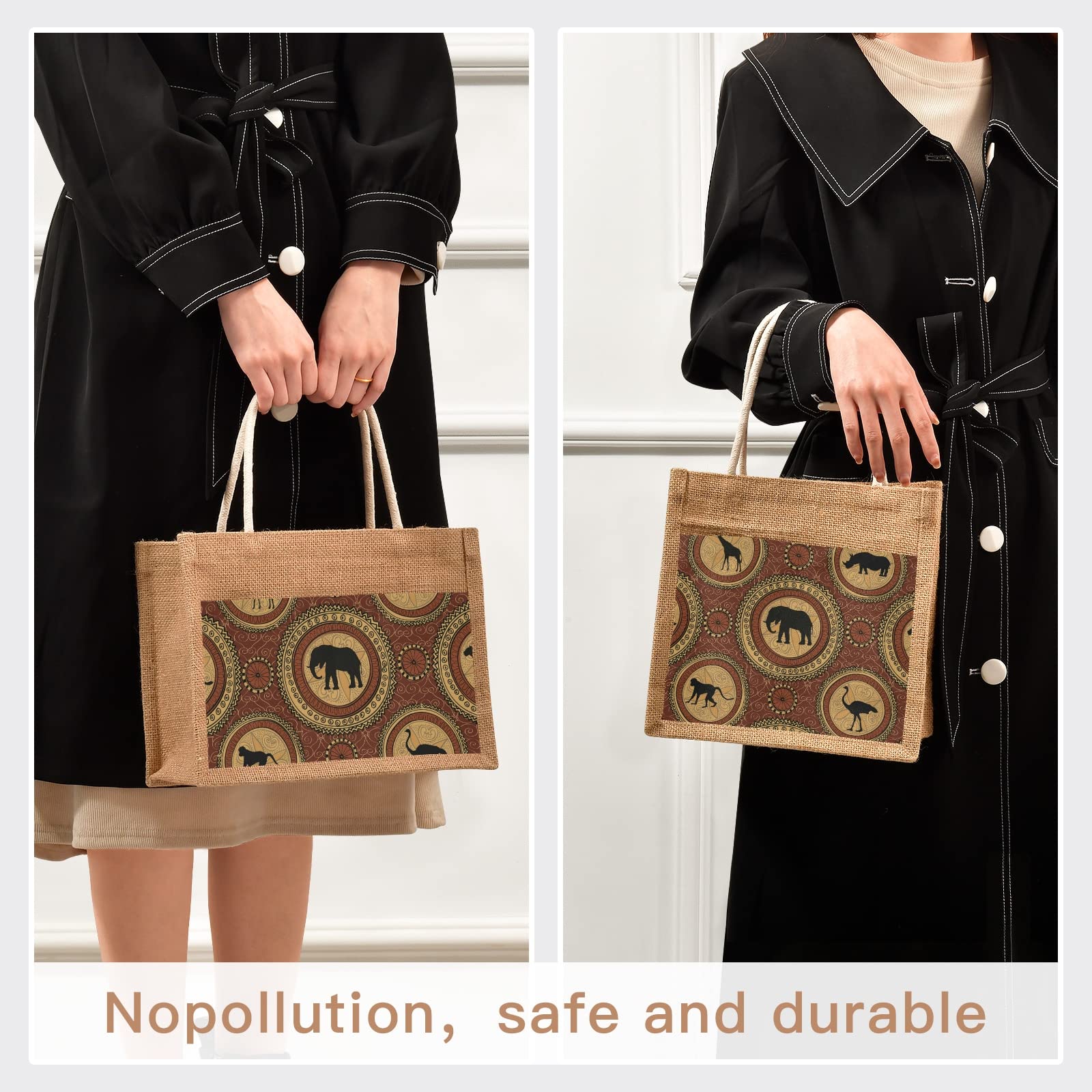 Sinestour African Ethnic Jute Tote Bag Jute Gift Bags with Handle Burlap Tote Bag with Canvas Pocket Beach Tote Bag
