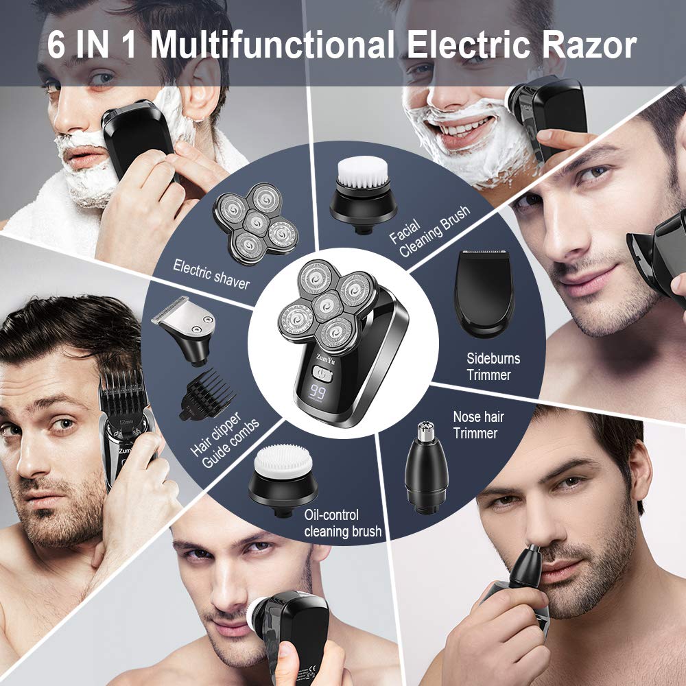 Upgrade 6 in 1 Head Shavers For Bald Men- Waterproof Electric Shavers For Men, Cordless Rechargeable Face Nose Trimmer, Men’s Electric Razor With LED Display
