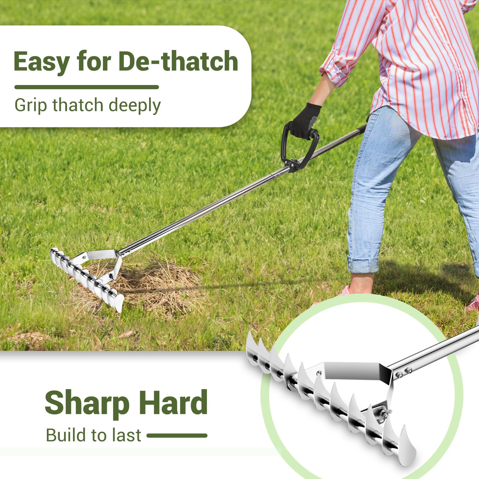 ZZM Thatch Rake, 15.7 Inch Lawn Thatching Rake for Cleaning Dead Grass, Stainless Steel Dethatching Rake with Back-Saving Handle, Grass Rake with Curved Steel Tines for Lawn Loosening Soil, 60" Length
