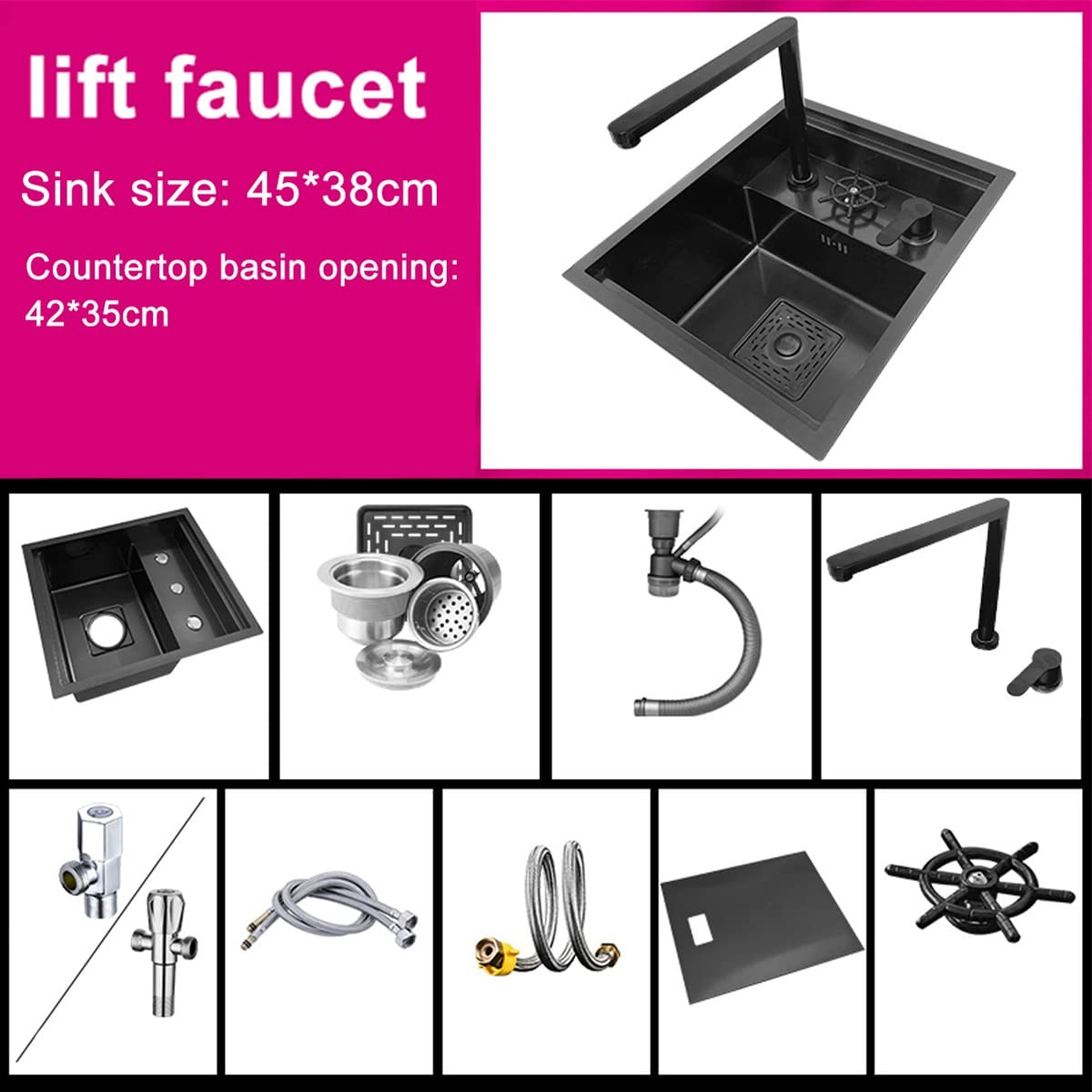 Single Bowl Kitchen Sinks With Cup Washer ,Single Bowl Stainless Steel Workstation Bar Sink with Glass Rinser, for home Hotel Cafe Restaurant,black