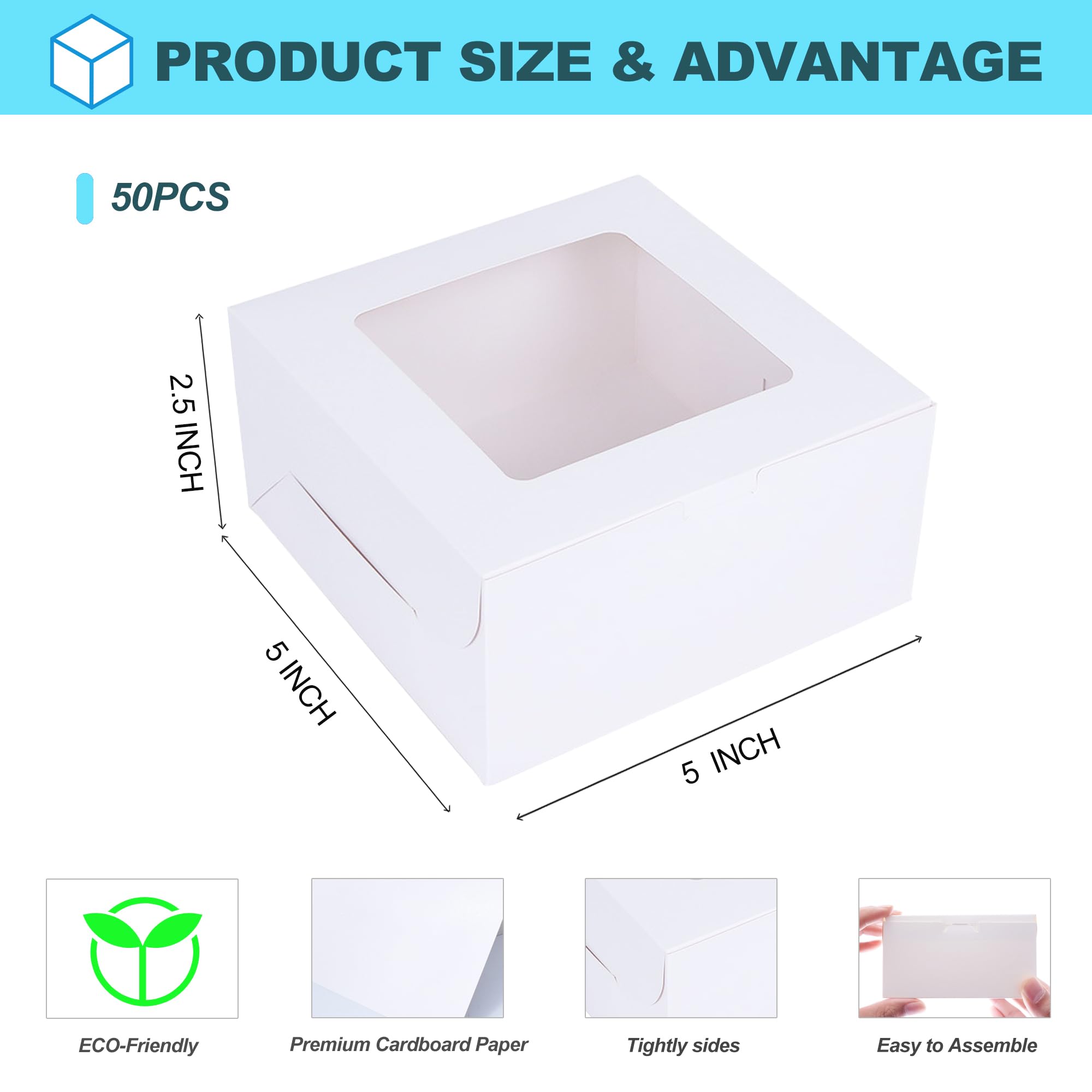 Zzrywuty 50 Packs 5x5x2.5in White Cookie Boxes, Bakery Boxes with Window, Mini Cake Boxes, Cupcake Container Boxes for Cookies, Pastry, Pie, Strawberries, Donuts, Candy, Desserts, Small Cake