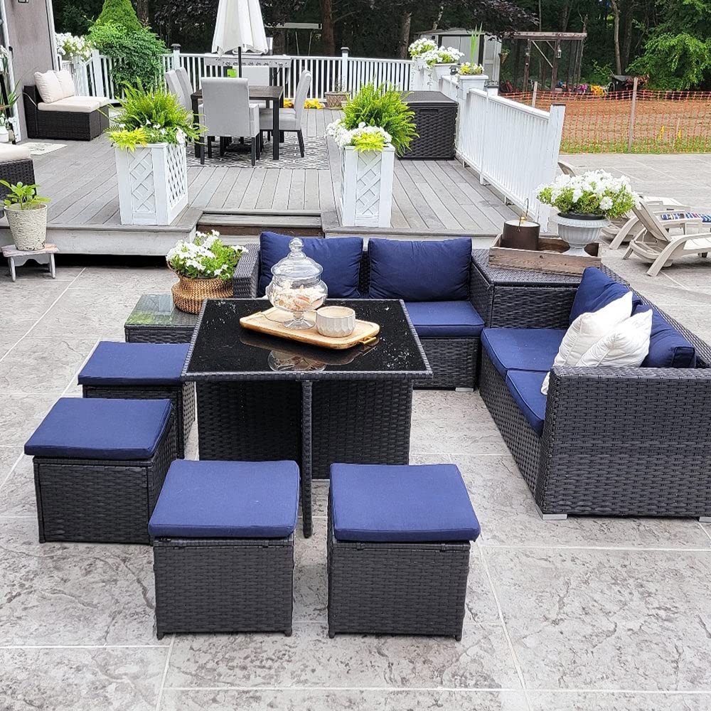 Sophia & William 9 Piece Patio Furniture Set Rattan Wicker Outdoor Sectional Sofa Set with Dining Table and Chairs, Conversation Set with Storage Box & Glass Table Top