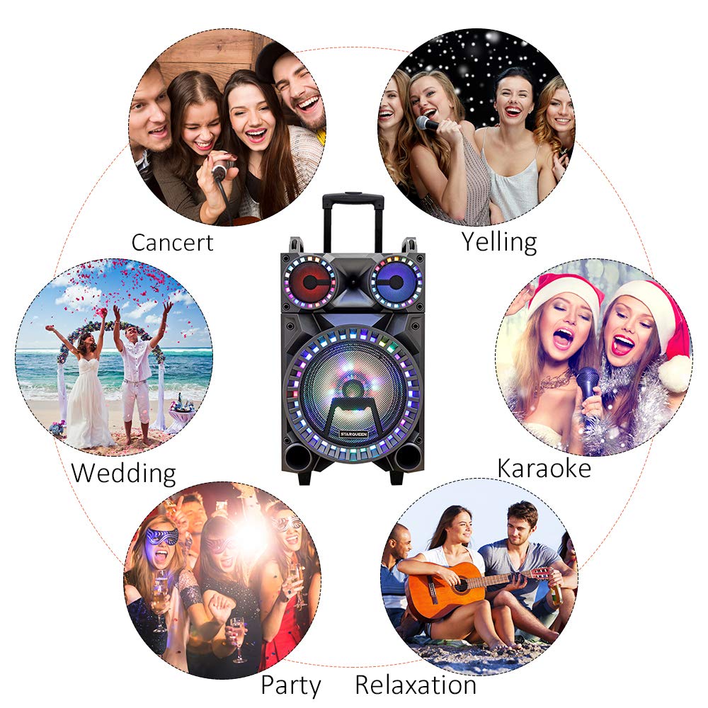 Starqueen Karaoke Machine Portable Karaoke Speaker for Adults and Kids 12” Woofer Rechargeable PA System with 2 Wireless Micorphone/Remote/Wheels/DJ Lights, Karaoke Party Amplifier Sound System