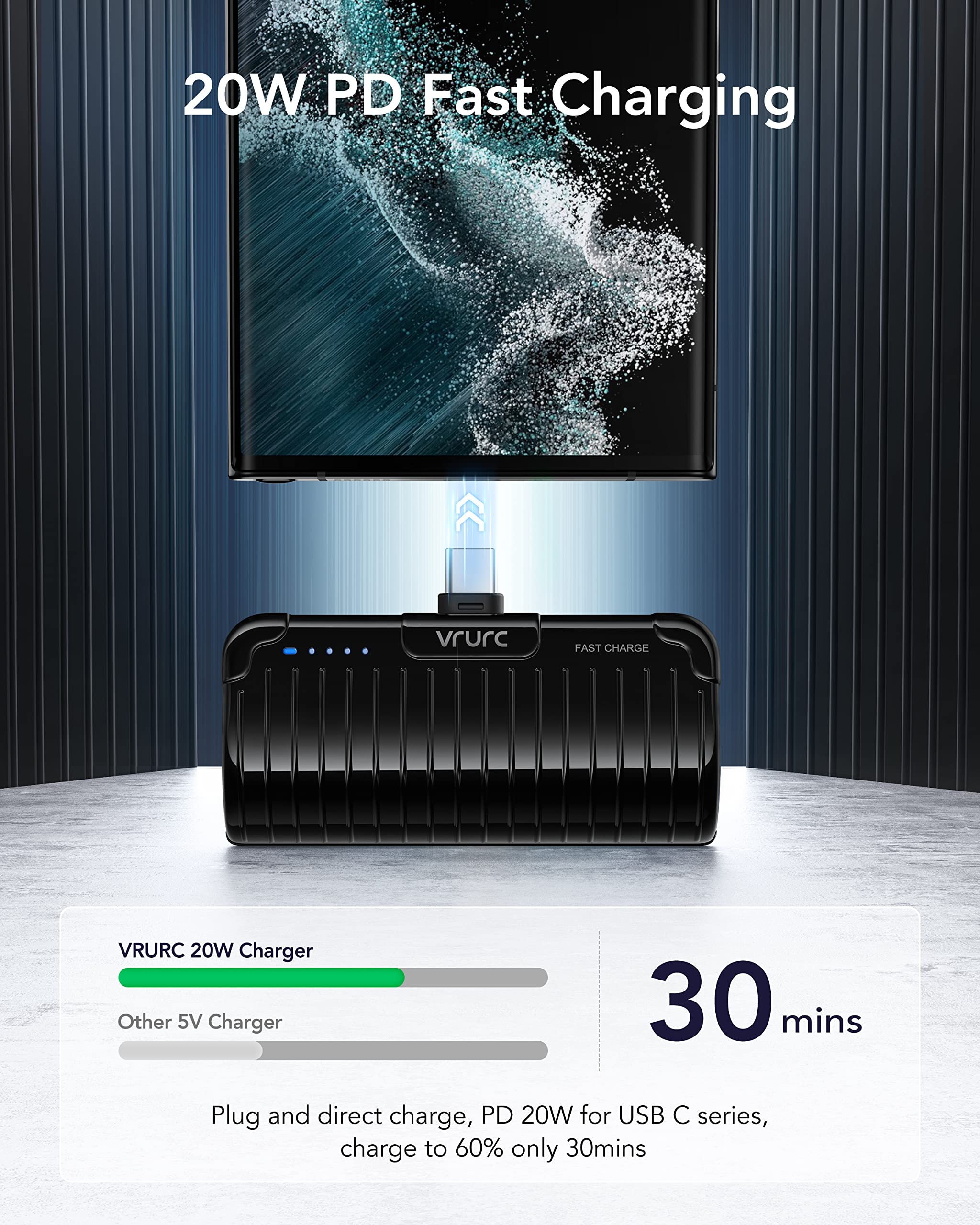 VRURC Mini Portable Charger Fast Charging, Built-in USB C in & Out Connector Power Bank 5000mAh,20W Battery Pack with Foldable Stand for iPhone 15,Samsung, Android Series-Black