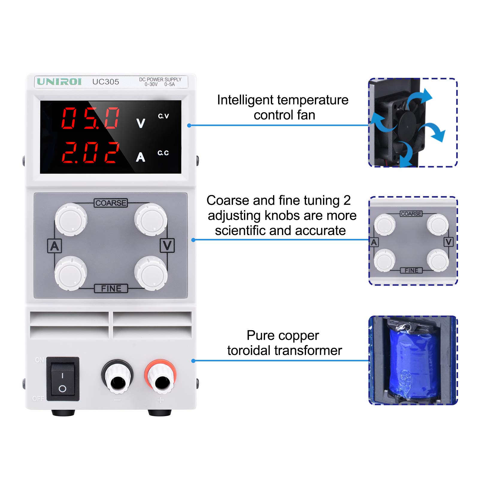 UNIROI DC Power Supply Variable(0-30 V 0-5 A),Adjustable Switching Regulated Power Supply Digital,3-Digit Alligator Leads Input Power Cord (UC305)