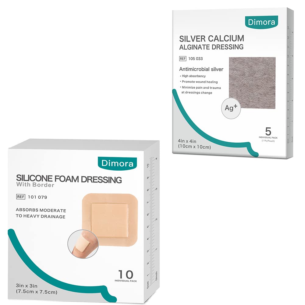 Silicone Foam Dressing with Border Adhesive 3"x3" 10 Pack& Silver Calcium Alginate Wound Dressing Pads, 4'' x 4'' Patches, 5 Individual Pack