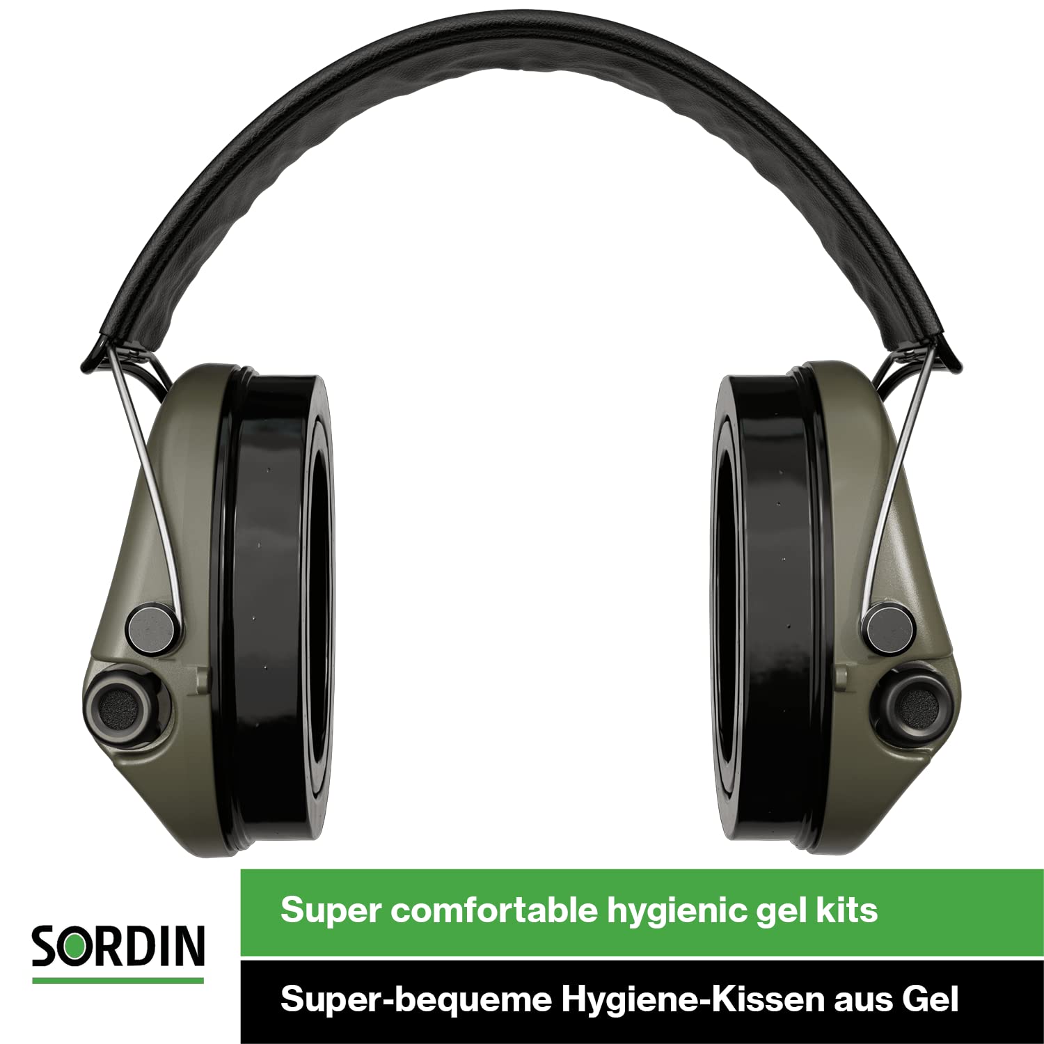 Sordin Supreme Pro-X Ear Defenders for Hunting & Shooting - Active & Electronic - Leather Band & Gel Kits - Green Ear Muffs