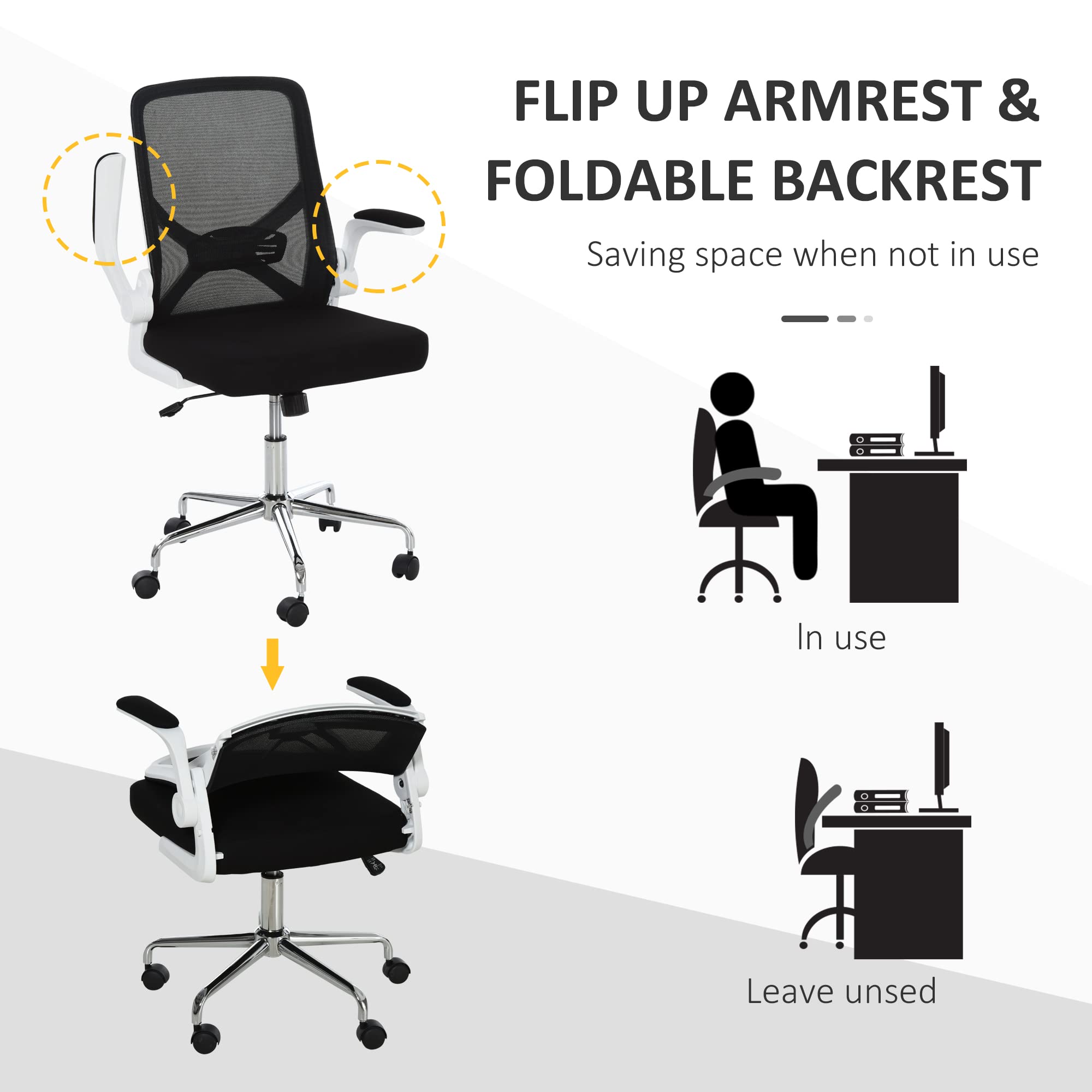 Vinsetto Ergonomic Mesh Office Chair Rocking Swivel Computer Task Desk Chair with Folding Backrest, Lumbar Support, Flip-up Arms and Adjustable Height, Black