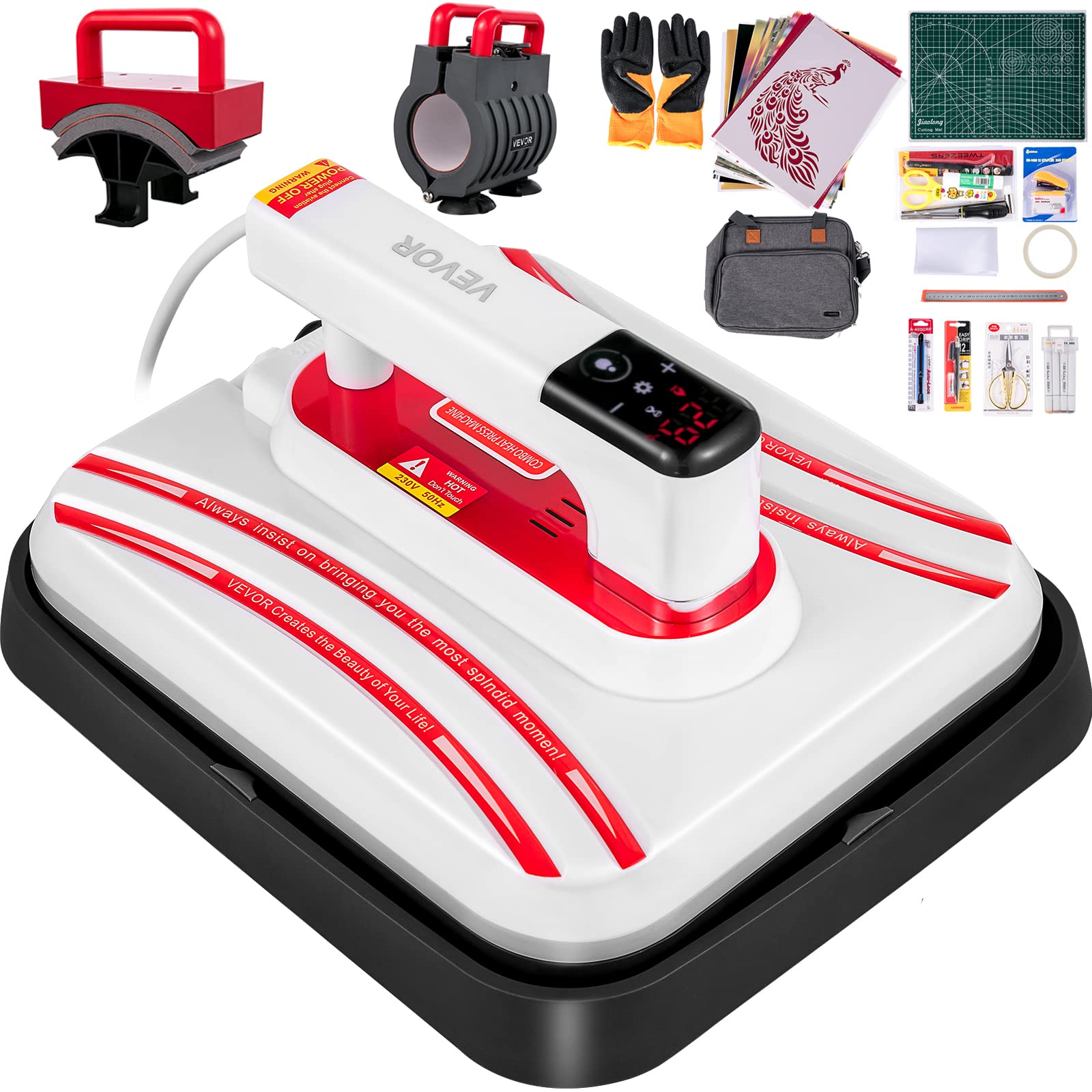 VEVOR Heat Press 12 x 10 Inch Easy Press 800W 4 in 1 Red Portable Easy Mini Press Vibration Function Press Machine Double-Tube Heating Mini Press for Mugs & Caps with Highly-Sensitive Touch Screen