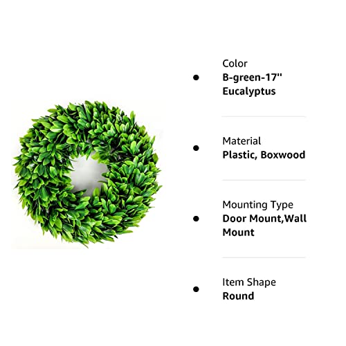 Souarts 17" Eucalyptus Wreath-Artificial Greenery Wreath Boxwood, Front Door Wreath for Indoor Outdoor Home Office Wall Wedding Holiday Decor