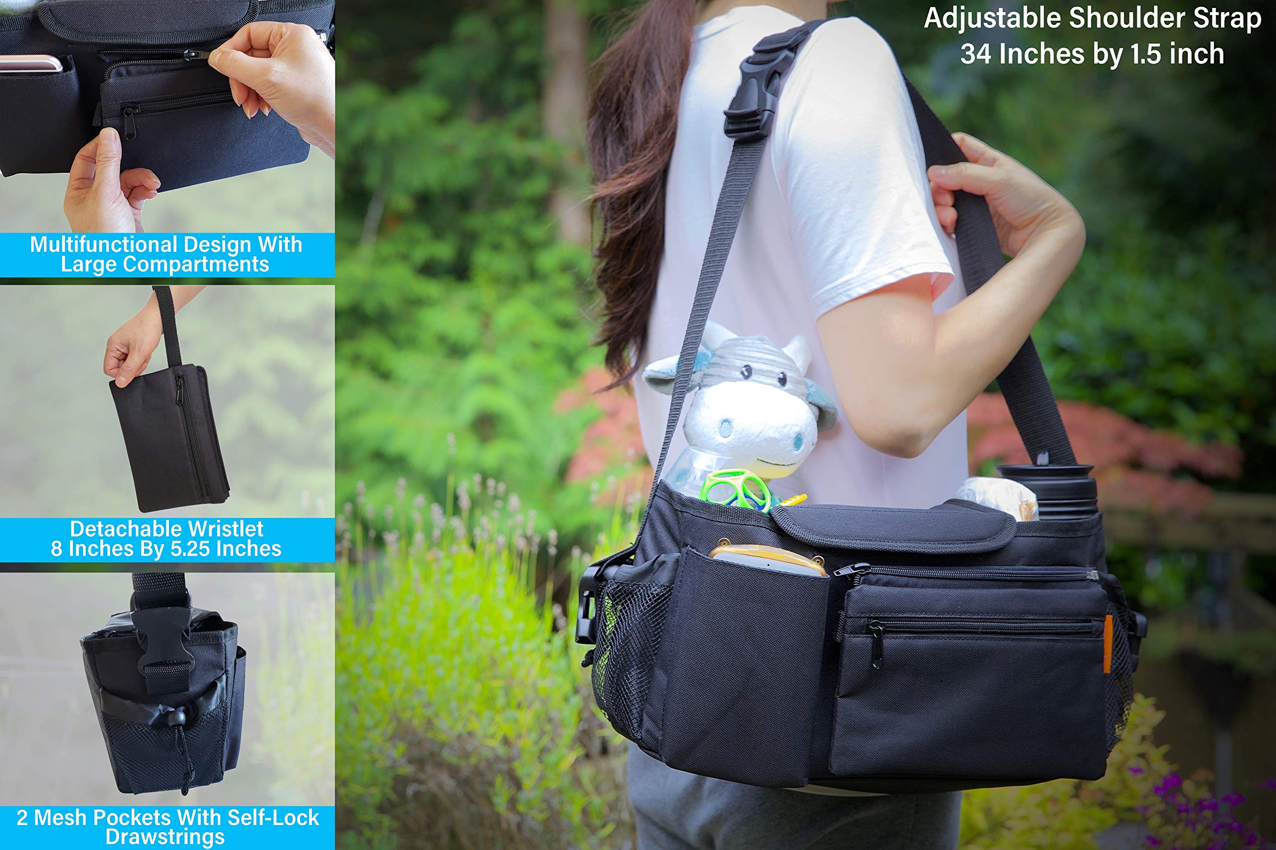 Universal Baby Stroller Organizer –Black Universal Stroller Caddy with Detachable Wristlet, Insulated Cool Bag Insert and Multi-Pocket Storage – Adjustable Shoulder Strap and 2 Bonus Stroller Hooks
