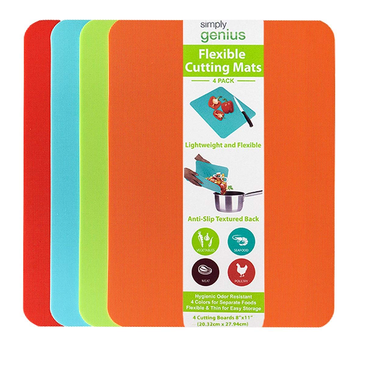 Simply Genius Plastic Cutting Boards for Kitchen - Color Coded Chopping Board Set - Flexible Cutting Mats for Meat & Vegetables - Dishwasher Safe, Non-Slip, BPA Free (4-Pack Gray, 8"x11")