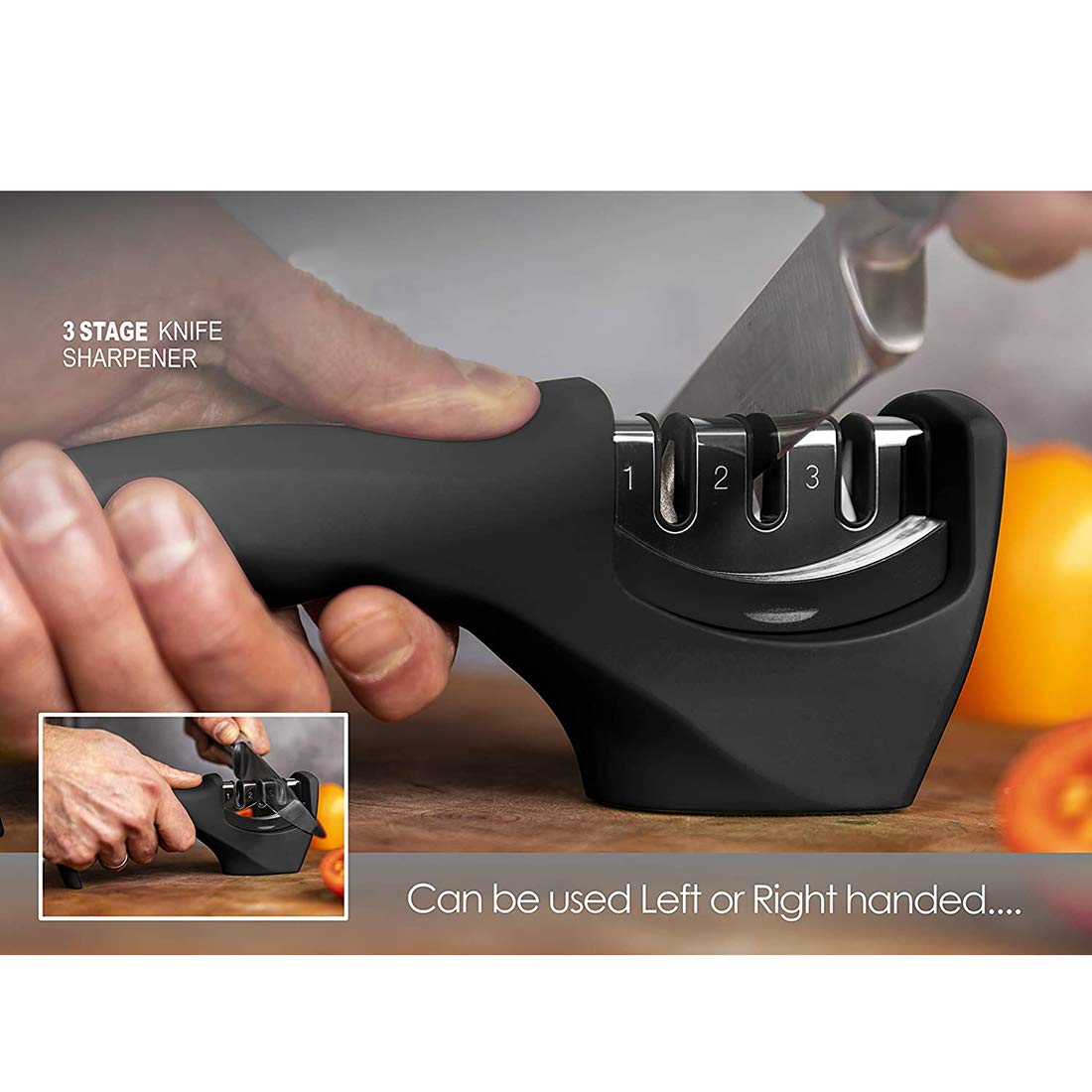 SHARP KNIFE SHARPENER - Professional 3 Stage Manual Sharpener for Sharpening Kitchen Knives- Ceramic Stone, Tungsten Carbide Plate, Diamond Rod Ergonomic Design