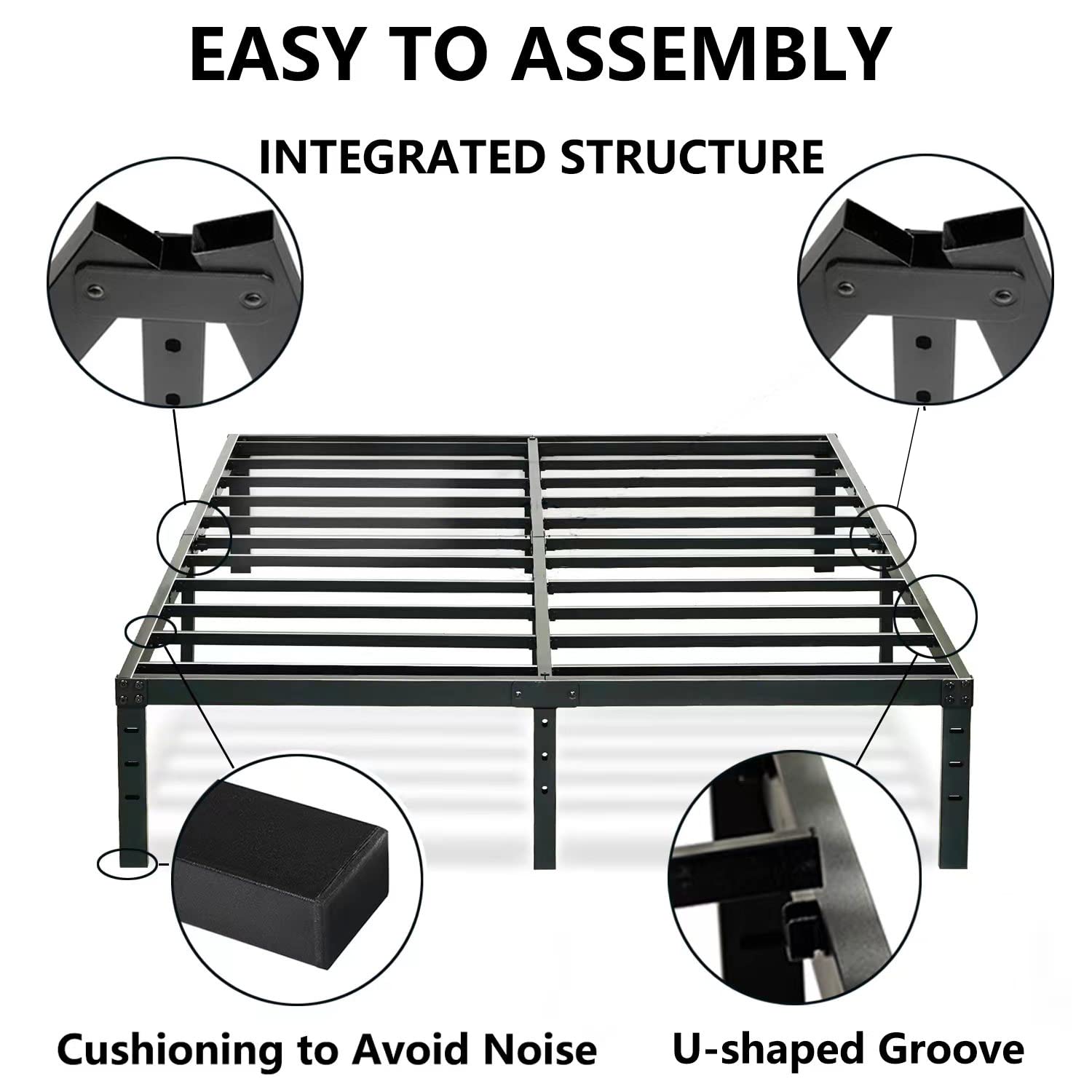 QUALEONA Bed-Frame-Queen, Metal Platform Queen-Size-Bed-Frame, No Box Spring Needed, Heavy Duty Steel Slat Support, Noise Free, Easy Quick Assembly, 14 Inch, Black