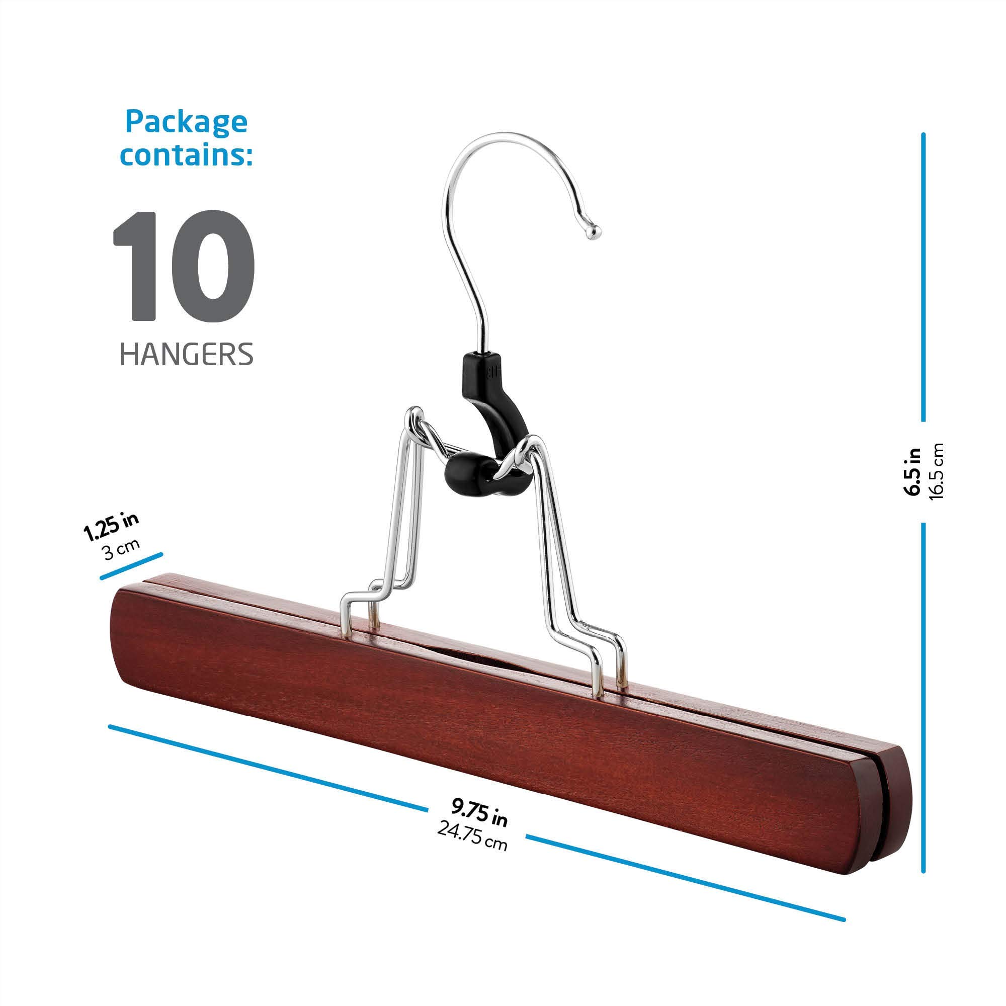 ZOBER High-Grade Wooden Pants Hangers with Clips, 10 Pack, Non-Slip, Space Saver, Rotatable 360 Hook, Smooth Cherry Wood Finish