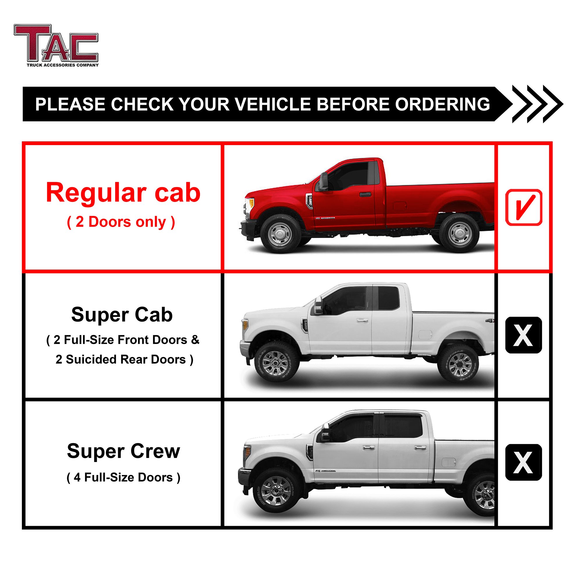 TAC Side Step Fit 2015-2024 Ford F150 Regular Cab | 2017-2024 Ford F250/F350/F450/F550 Super Duty Regular Cab 3" Black Nerf Bars Running Boards Off Road 2pcs