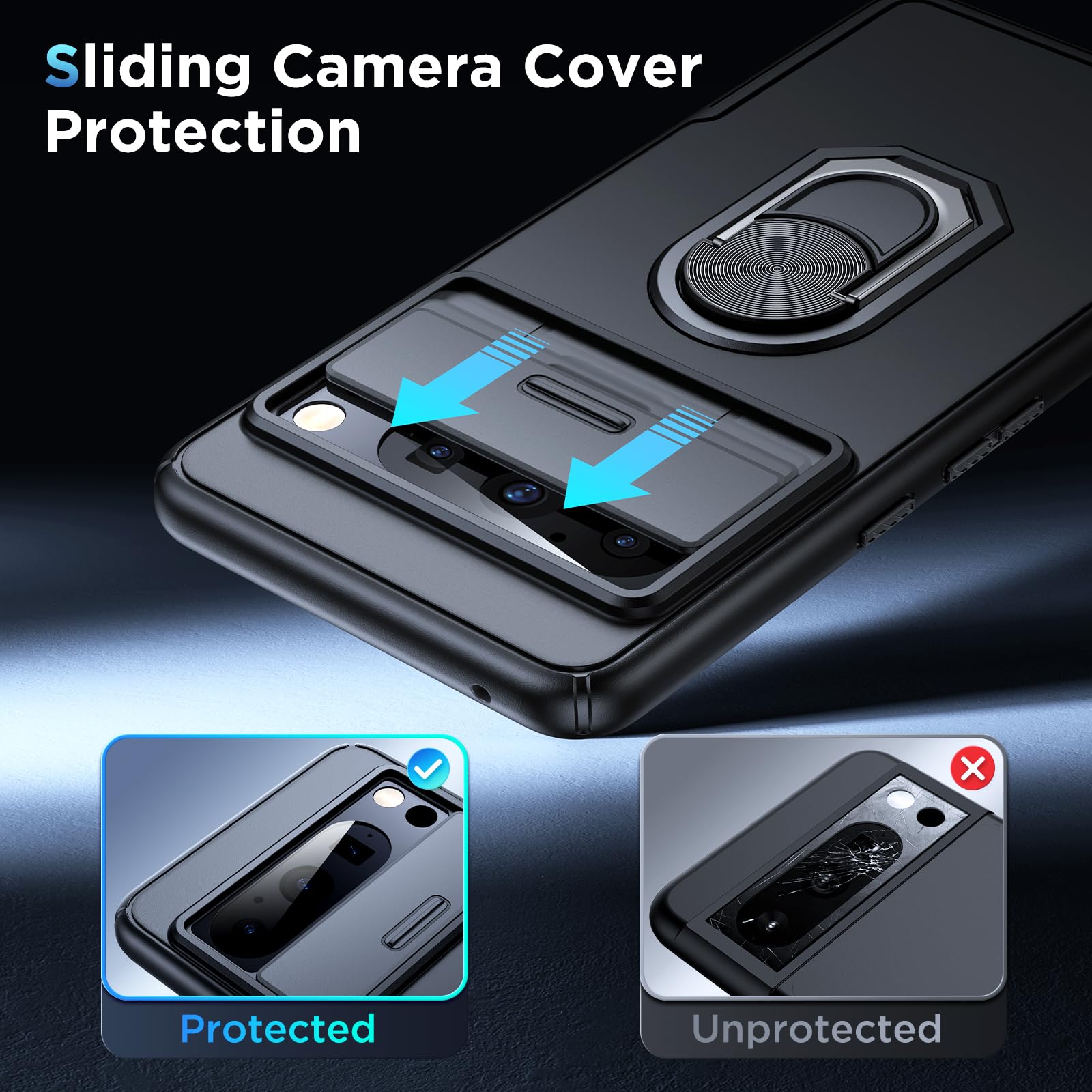 Simtect for Google Pixel 8 Pro Case with Sliding Camera Cover, [Military Drop Protection] [360° Rotation Ring Stand], Slim Protective Case for Google Pixel 8 Pro Phone Case 6.7'' - Black