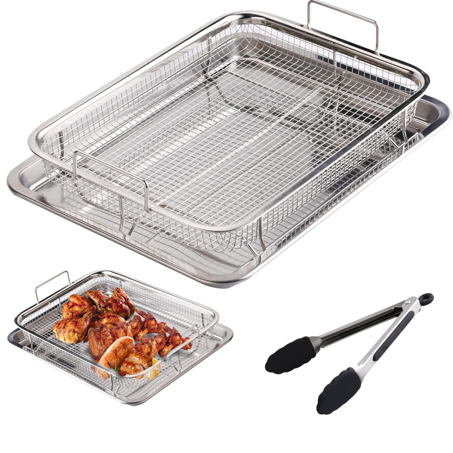 Stainless Steel Air Fryer Basket for Oven, Air Fryer Crisper Tray & Basket with Tongs, 12.8" x 9.6" x 2.3" Oven Air Fry Mesh Basket Set, Oven Air Fryer Basket Set for Chicken/Roasting/French Fry