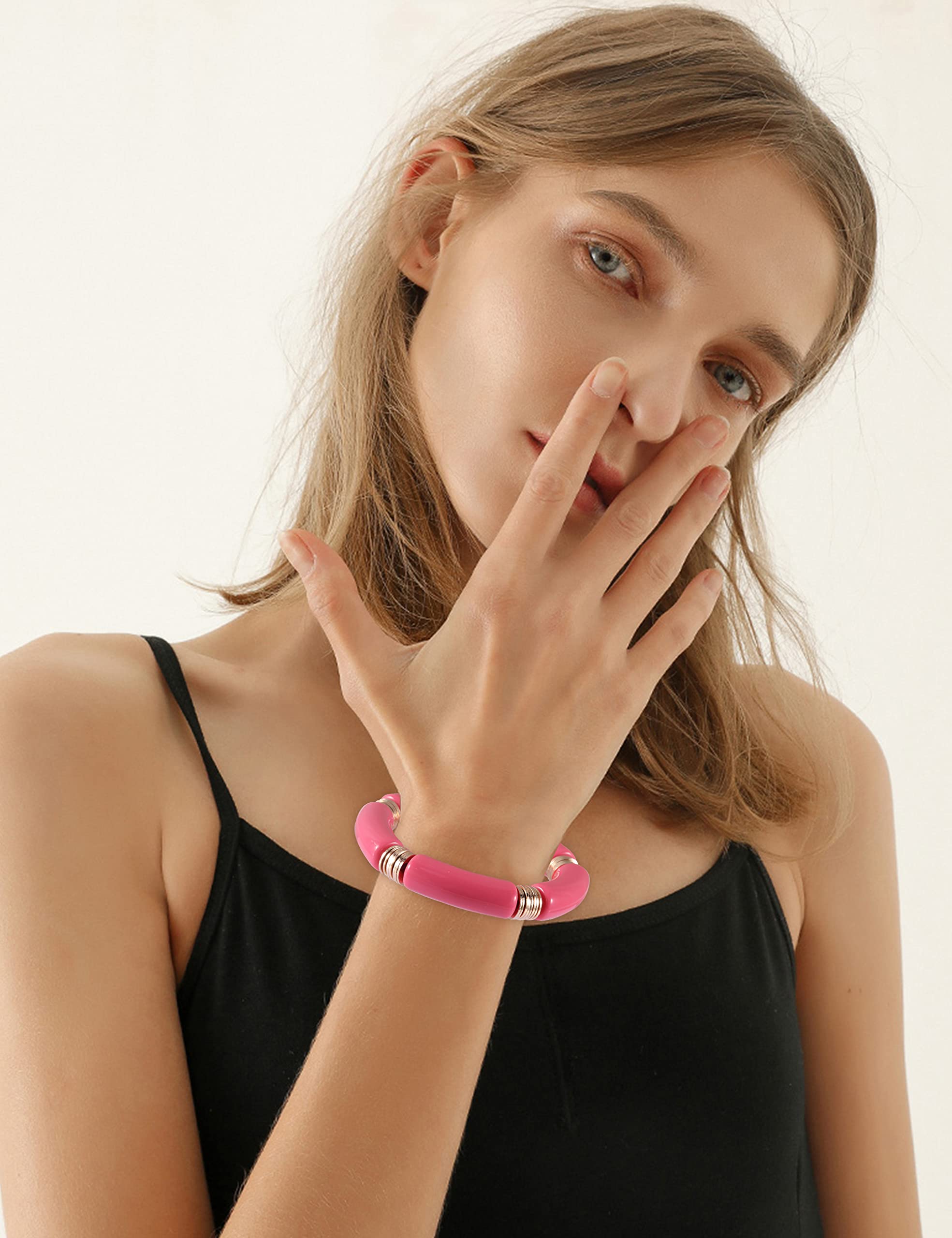 PIPITREE Bamboo Tube Bangles Bracelet For Women ,Chunky Curved Stacking Clear Acrylic Colorful Beads Stretchable Gold Bracelets Friendship Summer Beach Jewelry