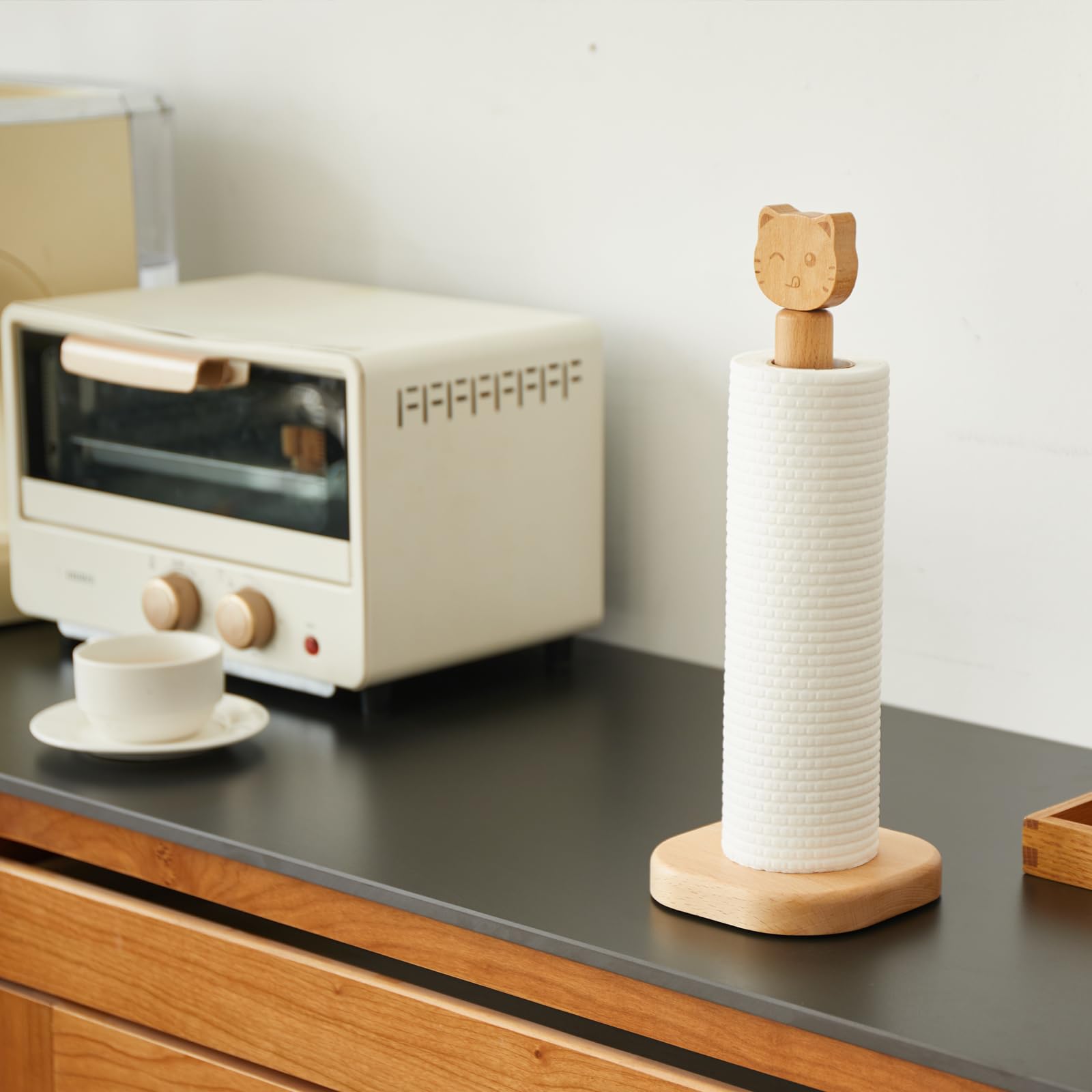 Vinoil Paper Towel Holder Stand - 15.6 Inch Cute Cat Design Kitchen Decor, Wooden Paper Towel Holder Countertop Free Standing,Kitchen Roll Stand Organizer,Scrunchies Holder Stand