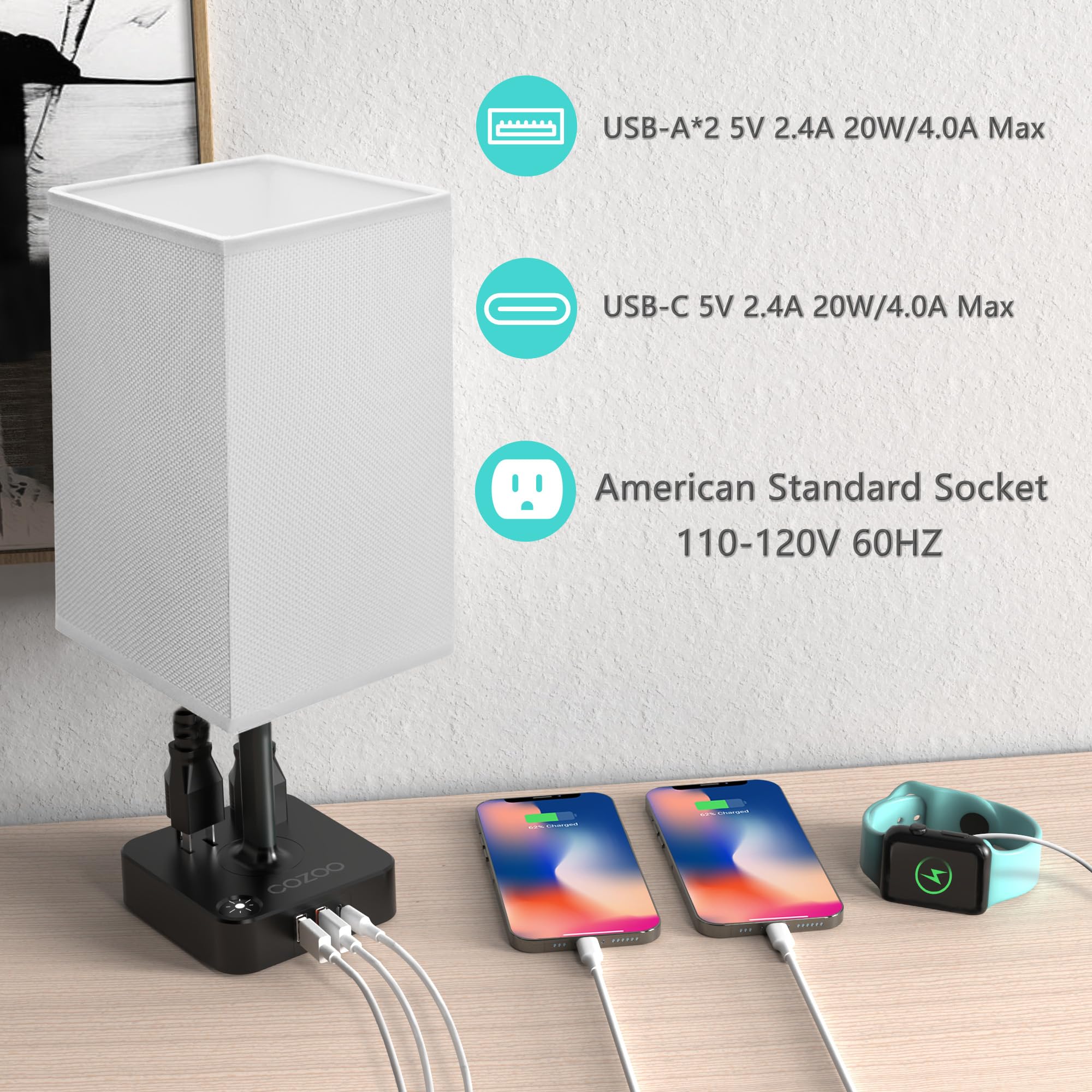 Table Lamp Dimmable cozoo USB Bedside Table Desk Lamp with 3 USB Charging Port(A+C) 2 Outlet,Nightstand Lamp with Charger Base White Fabric Shade,LED Touch Lamp for Bedroom/LivingRoom/Dorm/Home Office