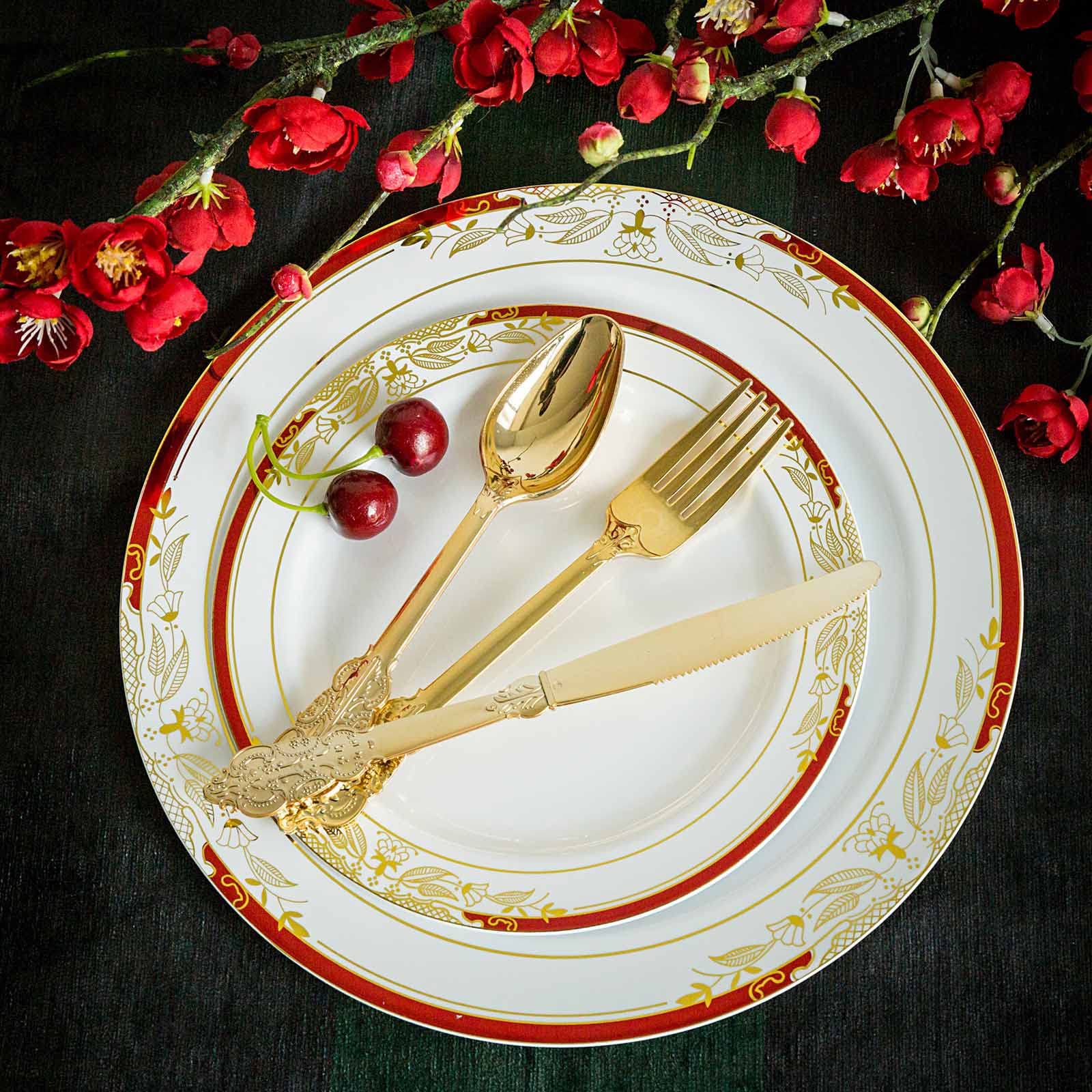 TABLECLOTHSFACTORY 24 Pack | 7" Metallic Gold Baroque Disposable Cutlery Plastic Spoons for Wedding Party Banquet Events Candy Buffet