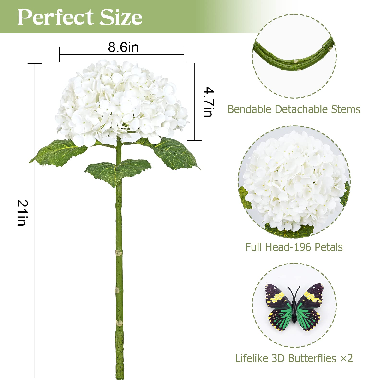 Waipfaru 21" Real Touch White Hydrangea Artificial Flowers with Long Stem & Leaves, Full Latex Faux Hydrangea Flowers for Home Decor Party Floral Arrangements Wedding Bouquets Centerpieces, 3Pcs