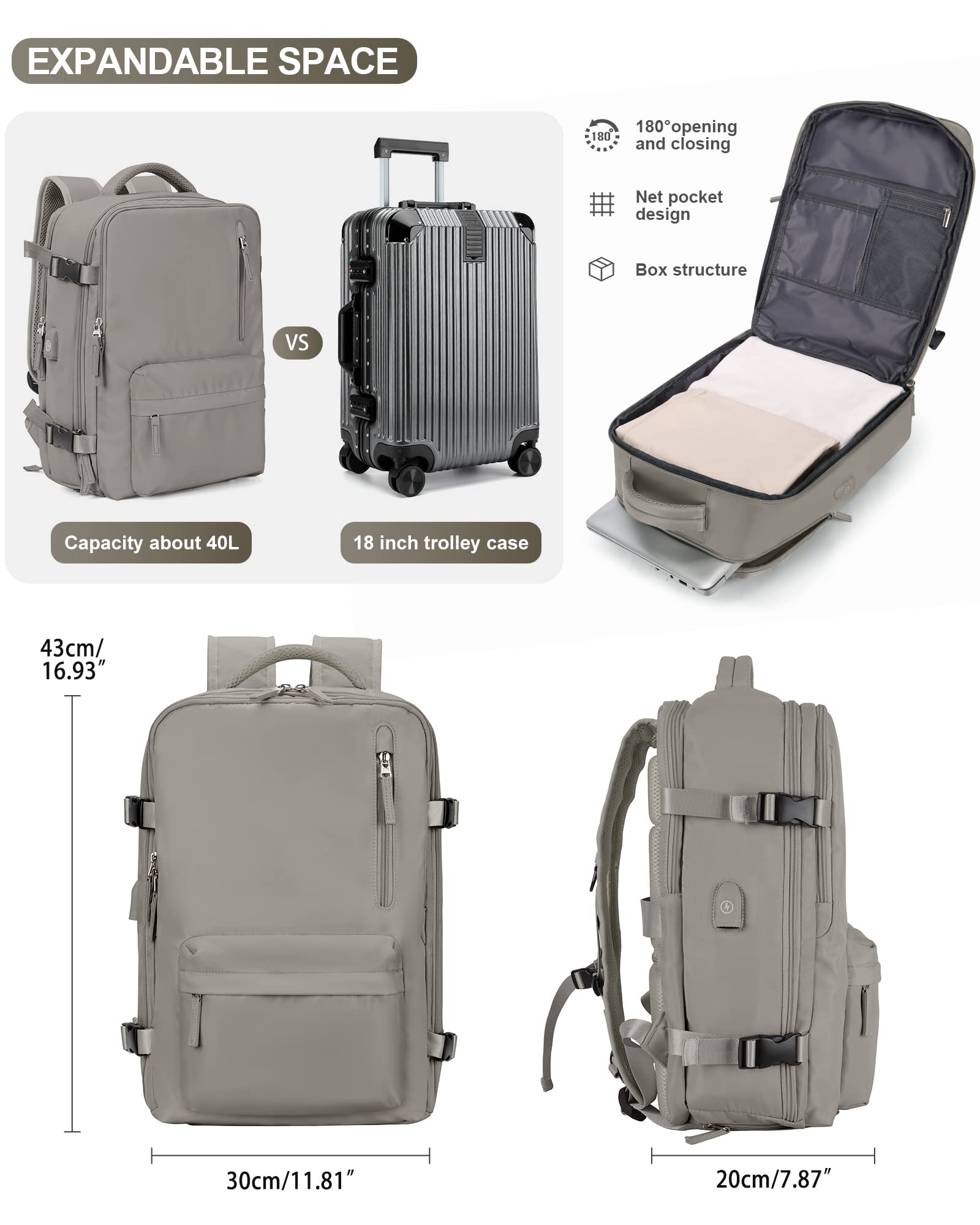 VGCUB Large Travel Backpack,Carry on Backpack for Women Men Airline Approved Gym Backpack Waterproof Business Laptop Daypack,White Brown