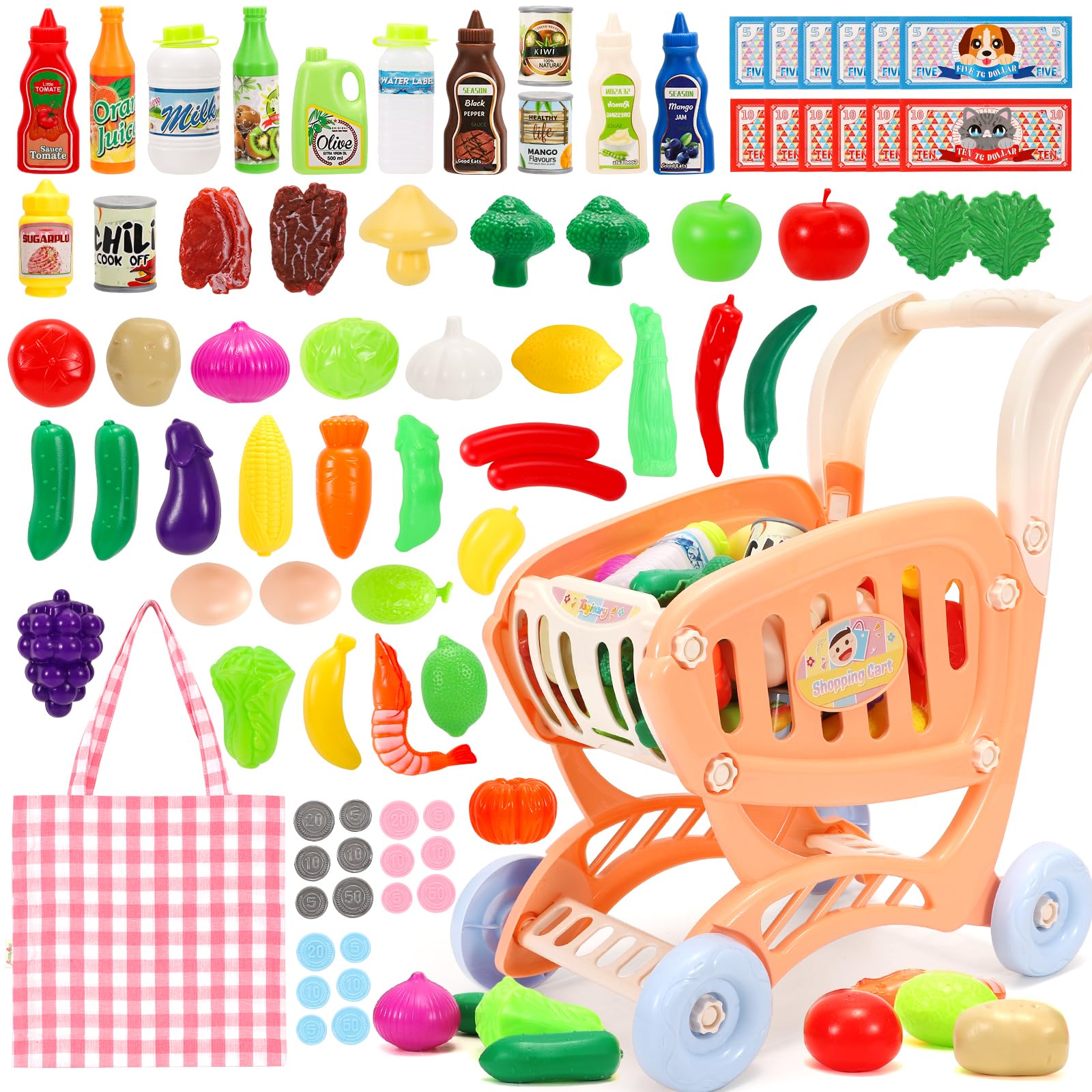 Tagitary Shopping Cart Toy for Kids,82 PCS Toddler Play Grocery Cart with Shopping Bag,Included Pretend Plastic Food Veggies,Play Money Cash and Coins, Learning Toys Play Kitchen Accessories for Kids