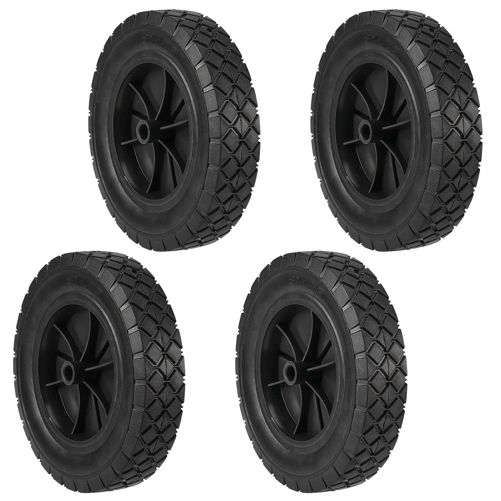 SINJEUN 4 Pack 8 Inch Black Plastic Wheel Replaces Wheel, Flat Free Grill Wheel with 1/2 Inch Axle, Replacement Hand Trucks Tires Lawnmower Wheels, Universal Wheel