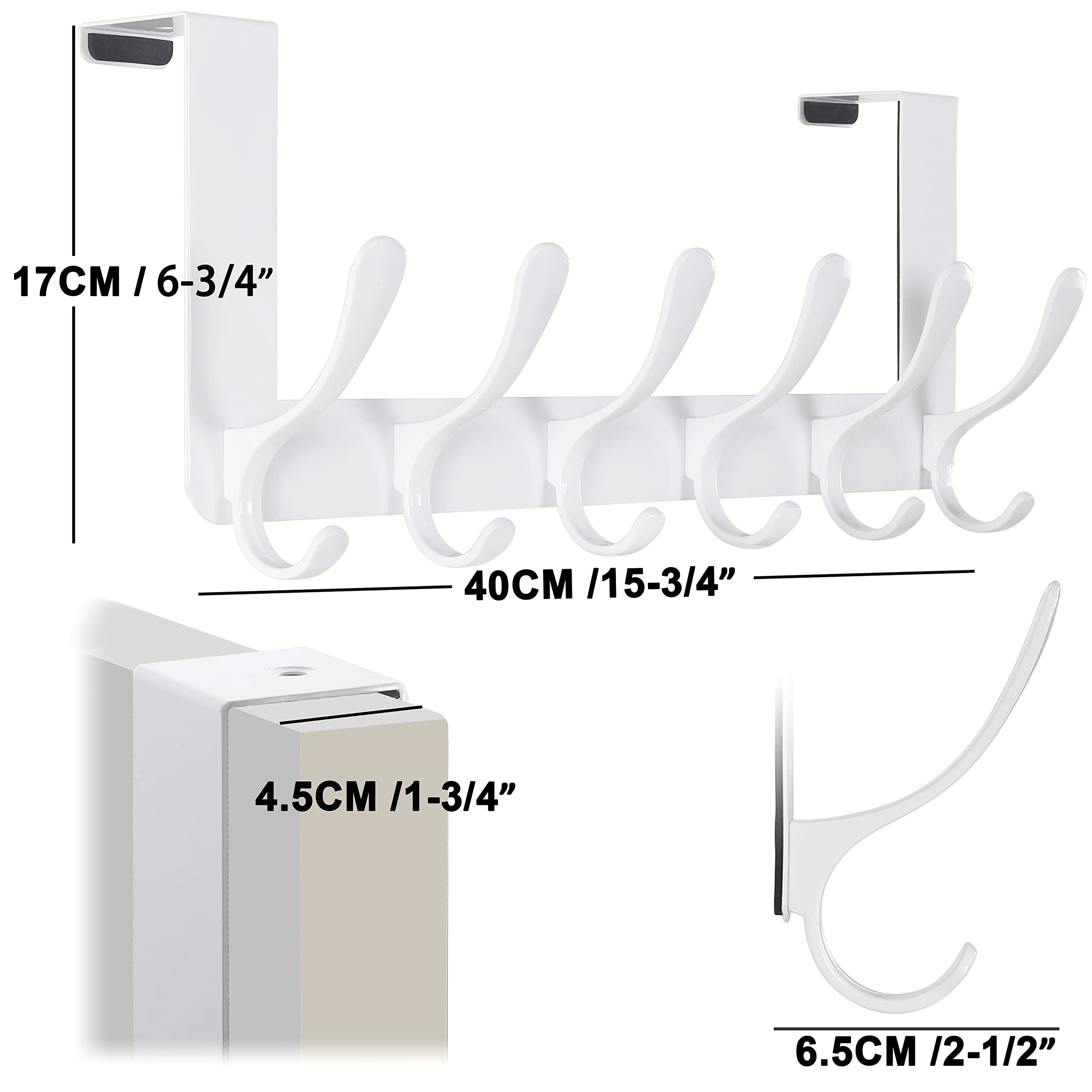 SKOLOO Over The Door Hooks - for doors up to 4.5cm thick, Stainless Steel Door Hanger with 6 Hooks, Over The Door Hanger for Coats Clothes Hat Towel Jacket, White