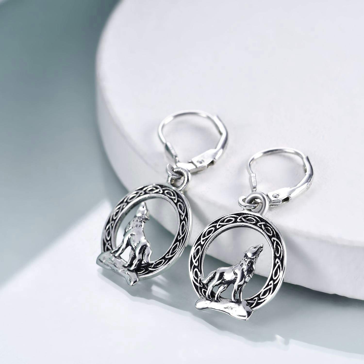 YFN Viking Wolf Dangle Drop Earrings Sterling Silver Norse Celtic Wolf Moon Earrings for Women (Wolf Earrings)