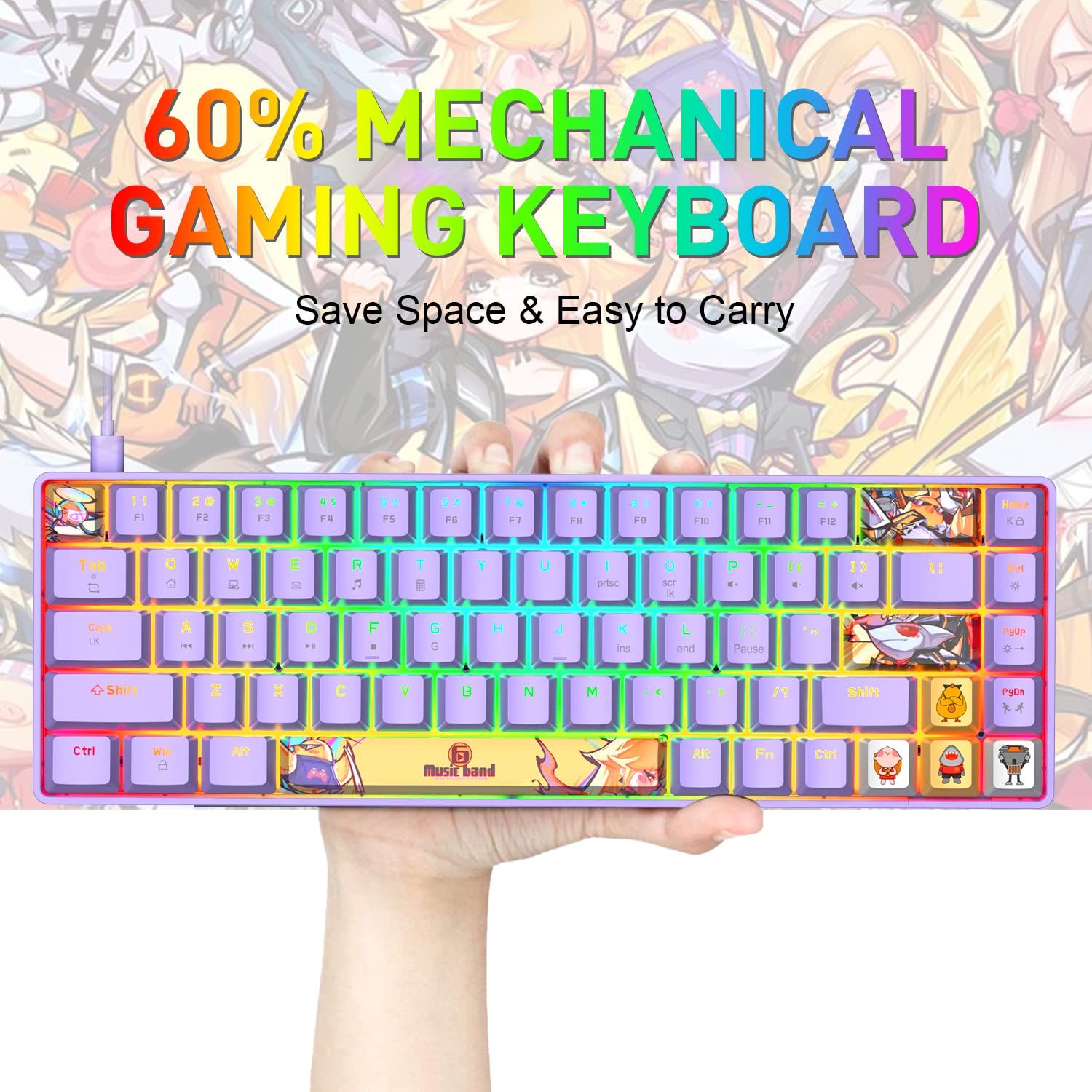 Portable 60% Mechanical Gaming Keyboard 18 Chroma RGB Backlit Ultra-Compact 68 Keys Dye Sublimation PBT Ergonomic Full Keys Anti-ghosting Compatible with PS4,PS5,PC,Gamers,Typist(Black/Brown Switch)