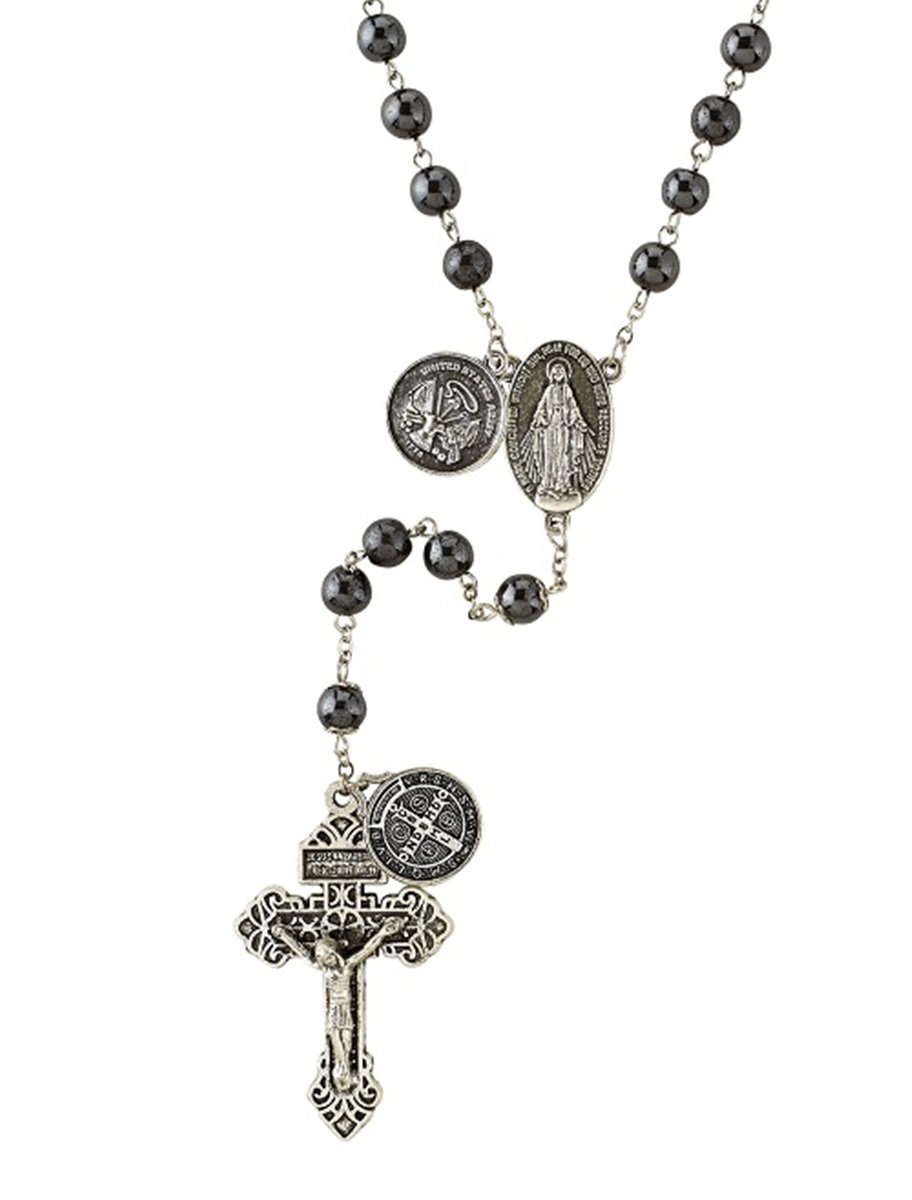 Silver Tone US Military Black Prayer Bead Rosary Necklace, 21 Inch
