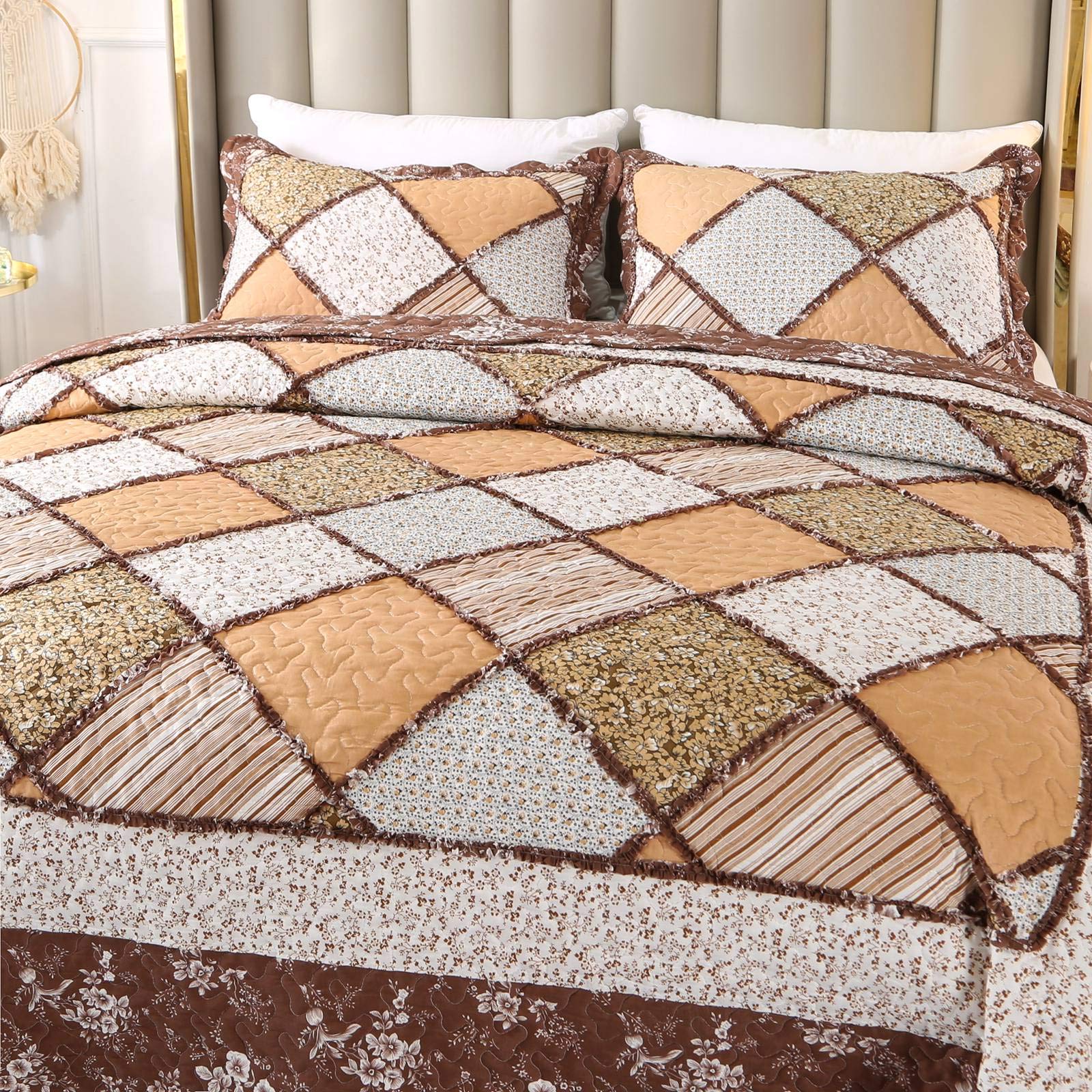 VIVILINEN Patchwork Quilt Set Queen Size 3-Piece Reversible Quilted Bedspread Coverlet Set Floral Stitched Comforter Bedding Set Bed Cover Throw Blanket with 2 Pillow Shams for All Season