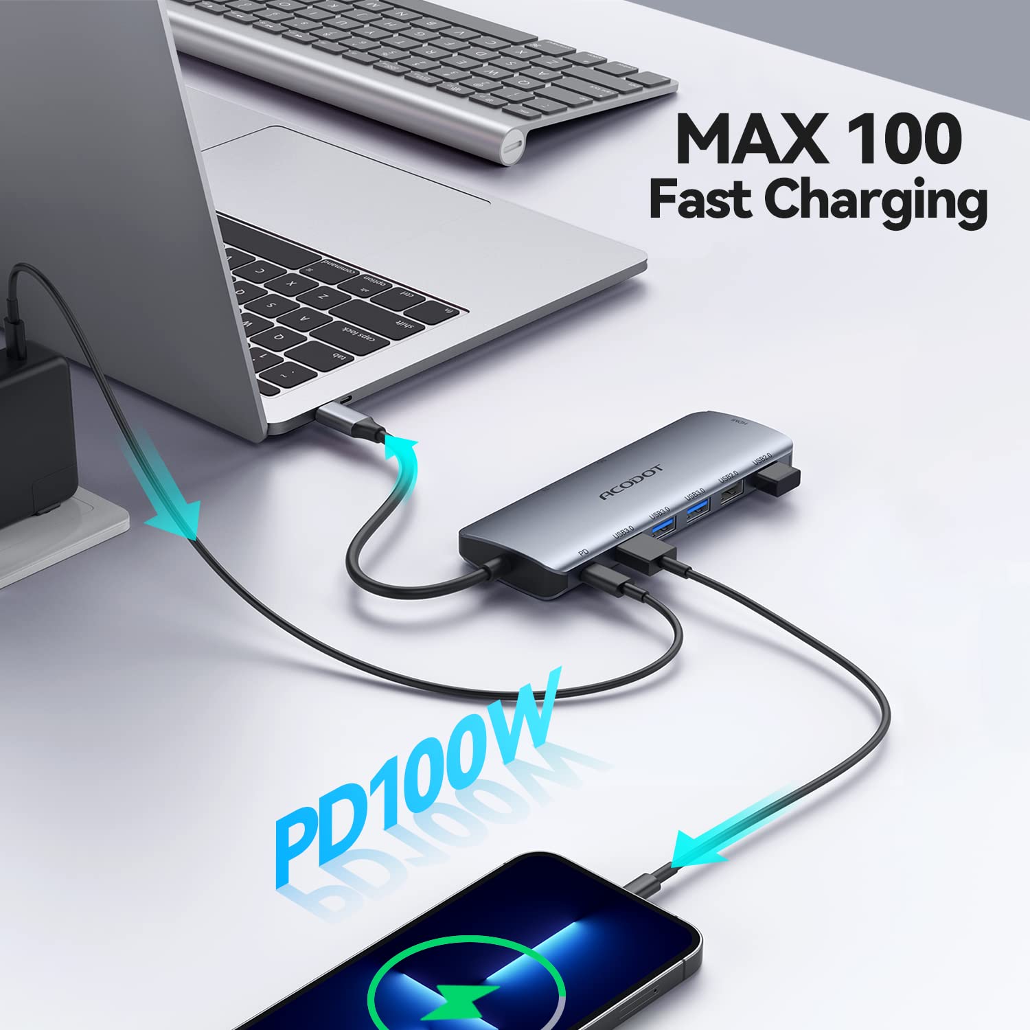 USB C Hub, Acodot 9 in 1 Type C Hub Adapter Portable Docking Station Aluminum Dongle Compatible with MacBook Pro/Thunderbolt 3 Laptops of Type C Devices, with 4K HDMI/ 5 USB Ports/ 100W PD/SD/TF