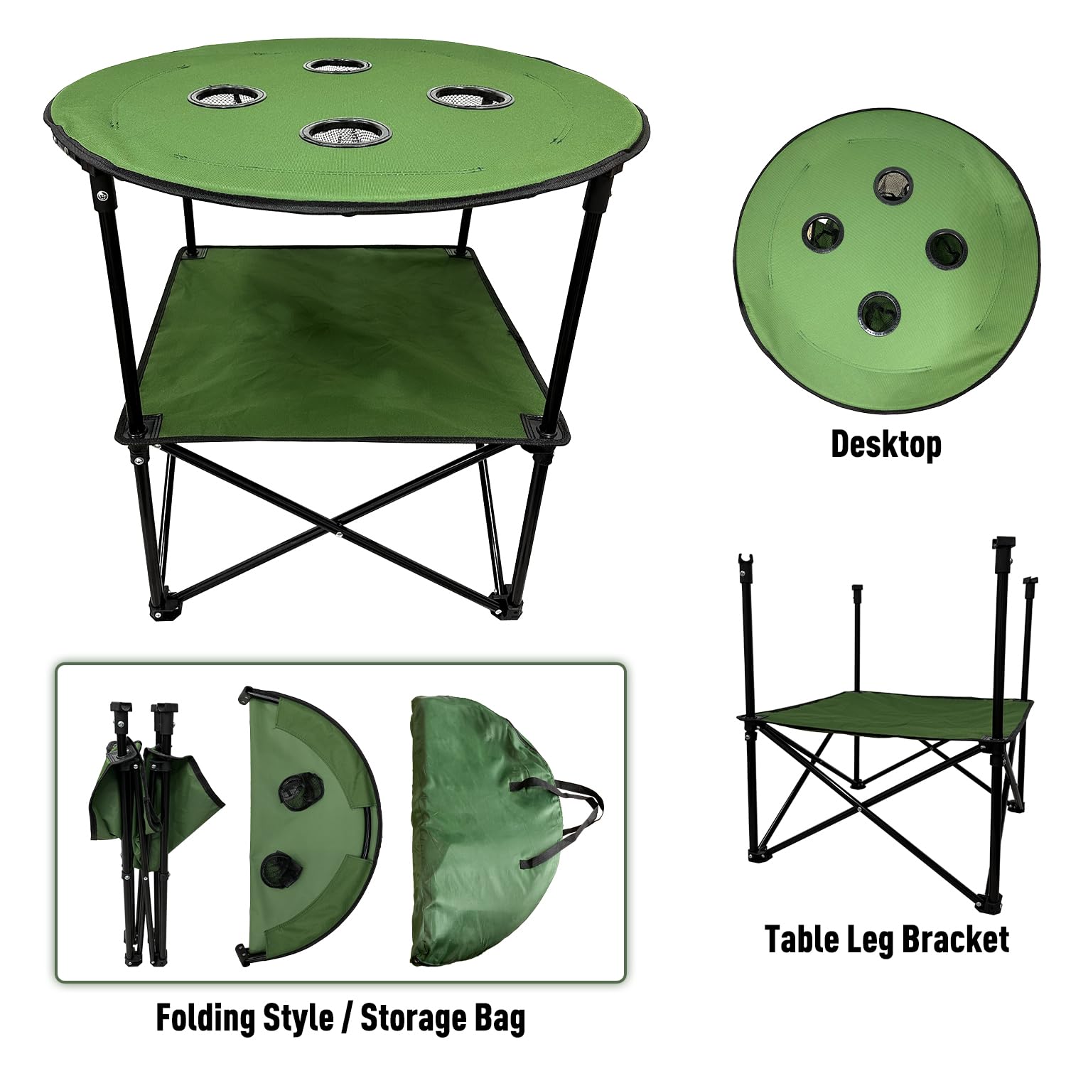 Portable Outdoor Camping Folding Round Table, Double Layer Picnic Table with Four Cup Holes and Carry Bag, Table Suitable for Outside, Beach and BBQ (Army Green)
