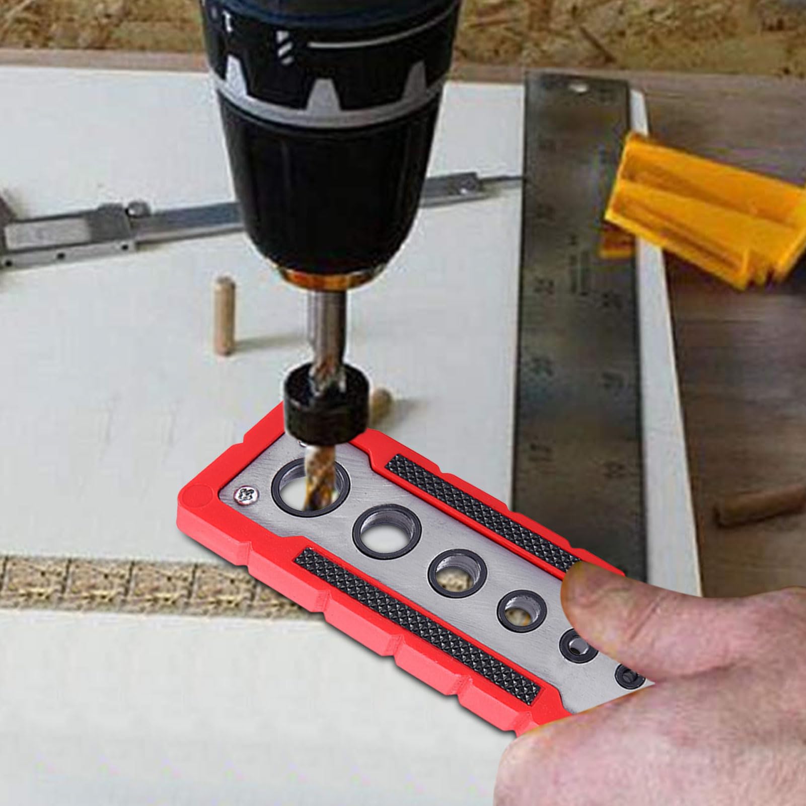 Self Centering Dowel Jig Kit, Inch Woodworking Center Doweling Drill Guide Jig for Straight Hole, Positioner Locator Tool for Woodworking and Shelf Making